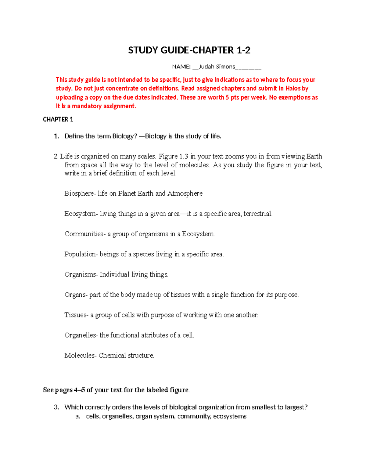 BIO 181-Study Guide-Week 1-Chapter 1 and 2 - STUDY GUIDE-CHAPTER 1 ...