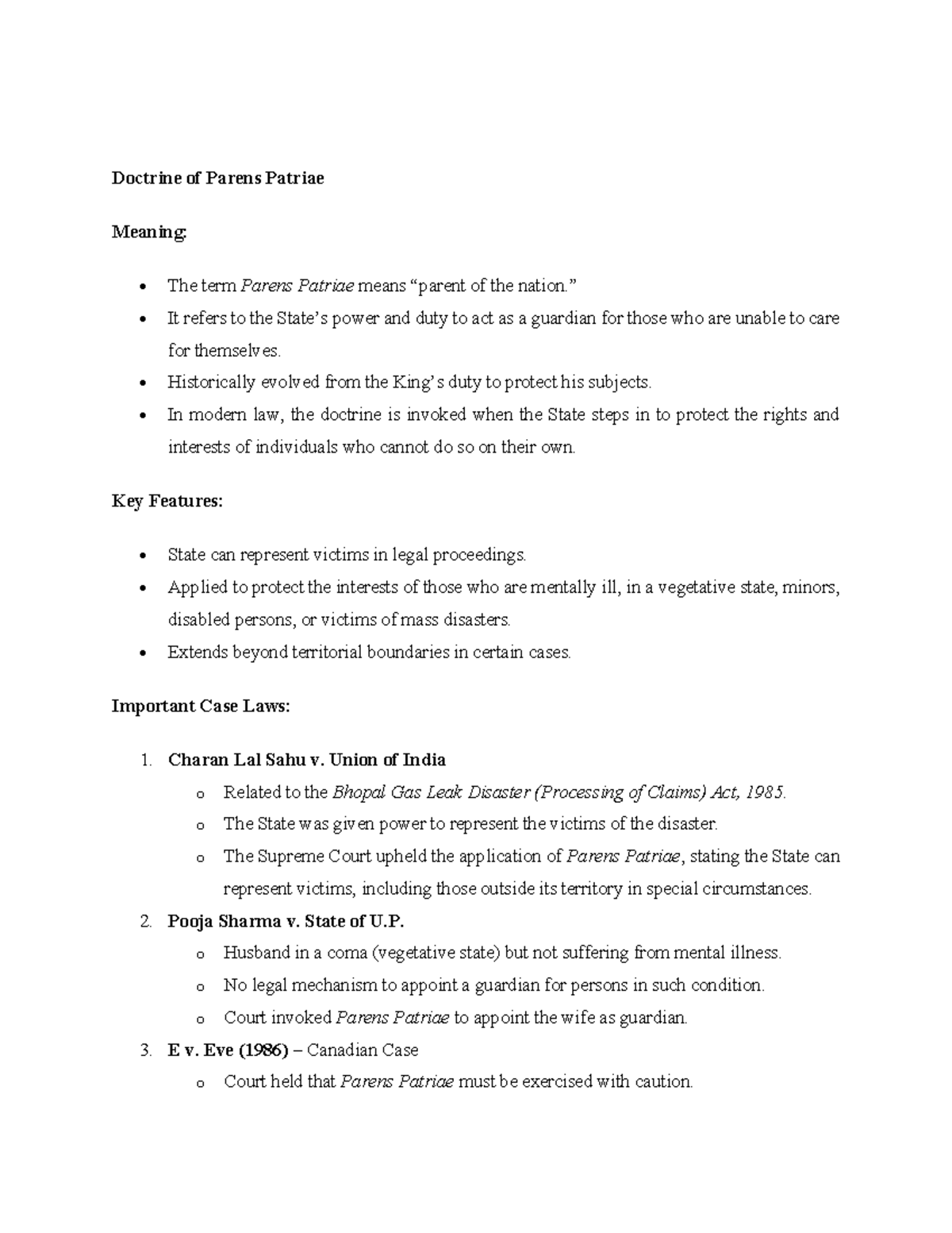 Doctrine of Parens Patriae: Meaning, Features & Case Laws - Studocu