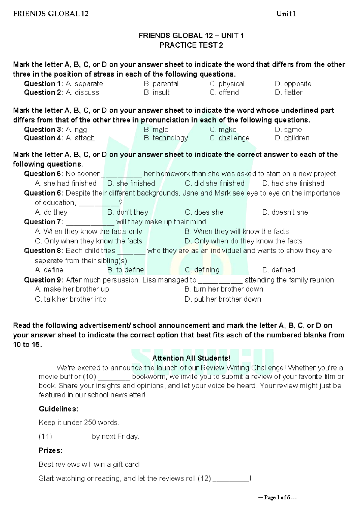 Tiếng Anh 12 FRIENDS GLOBAL Unit 1 Practice Test 2 - Studocu