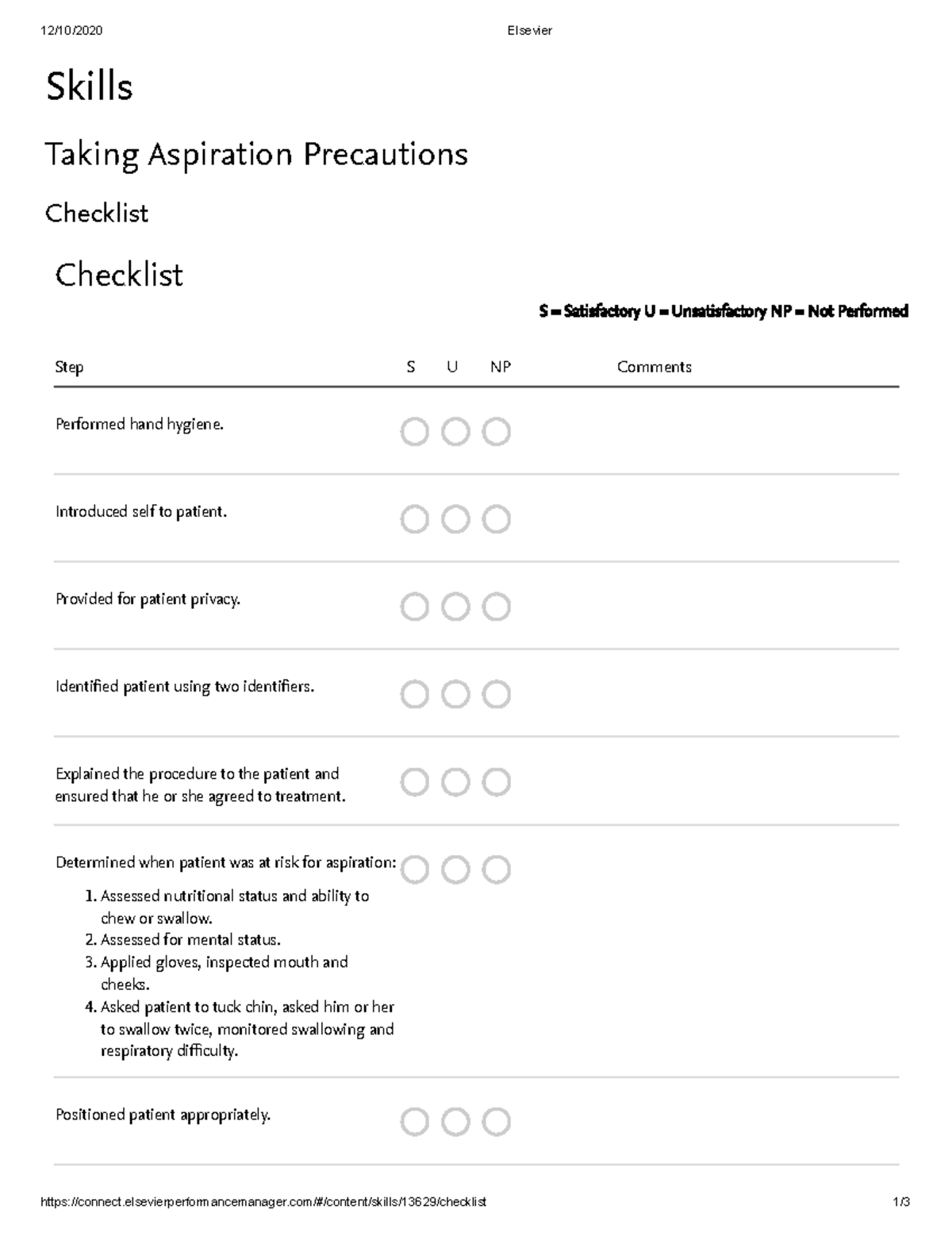 Elsevier Skills: Aspiration Precautions Checklist for Clinical Practice ...