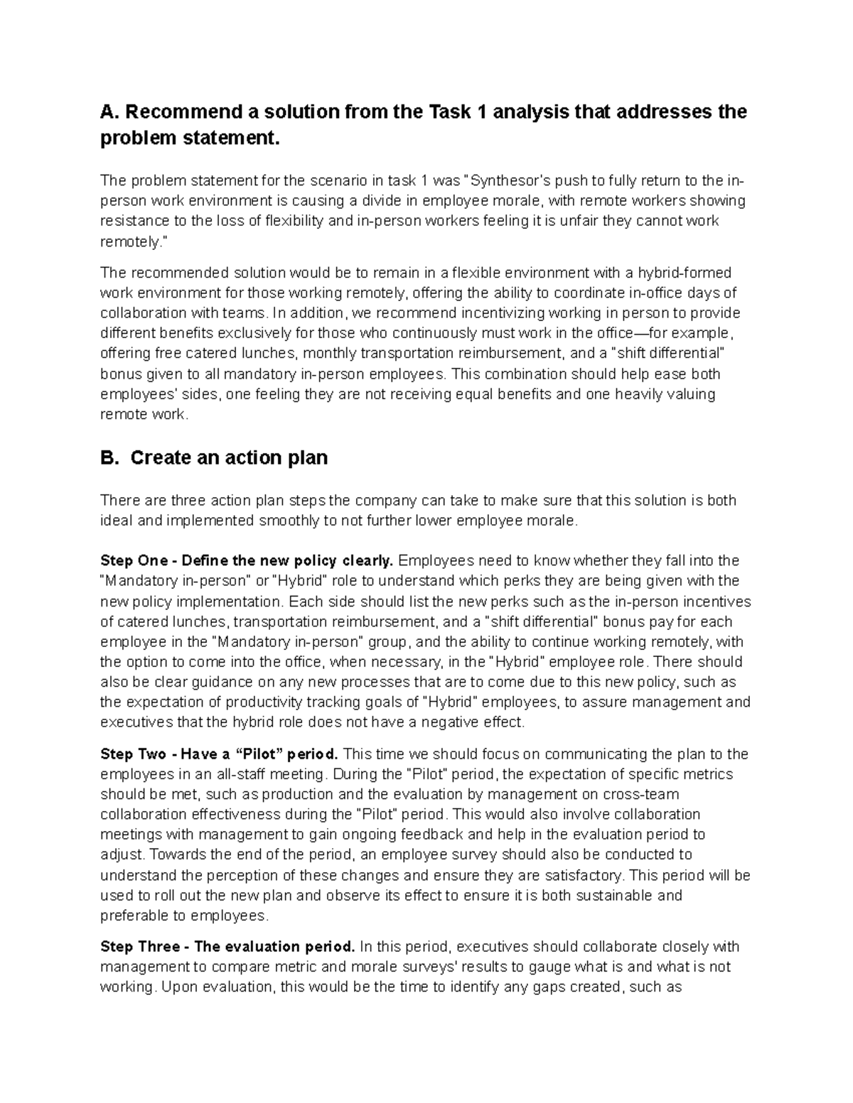 Task 2 - Recommended solutions and action plan for employee morale ...