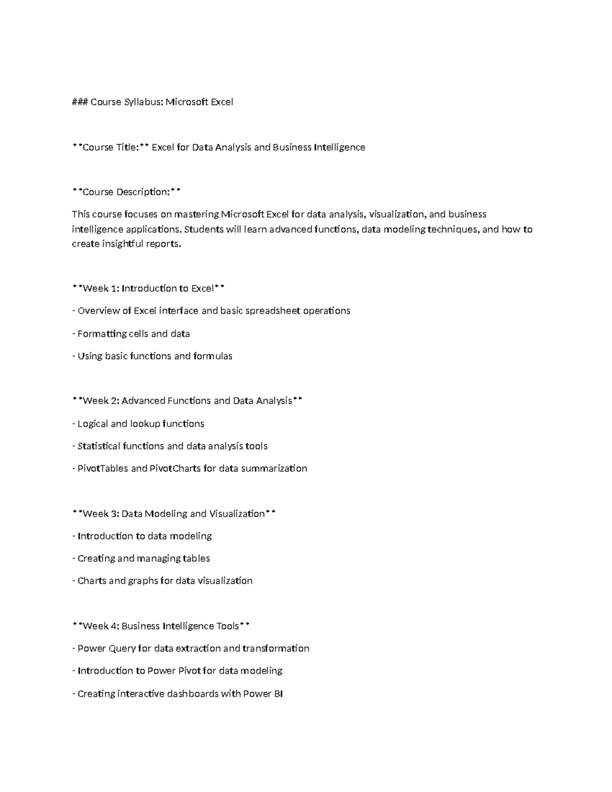 Course Syllabus for MS Excel - Course Syllabus: Microsoft Excel Course ...