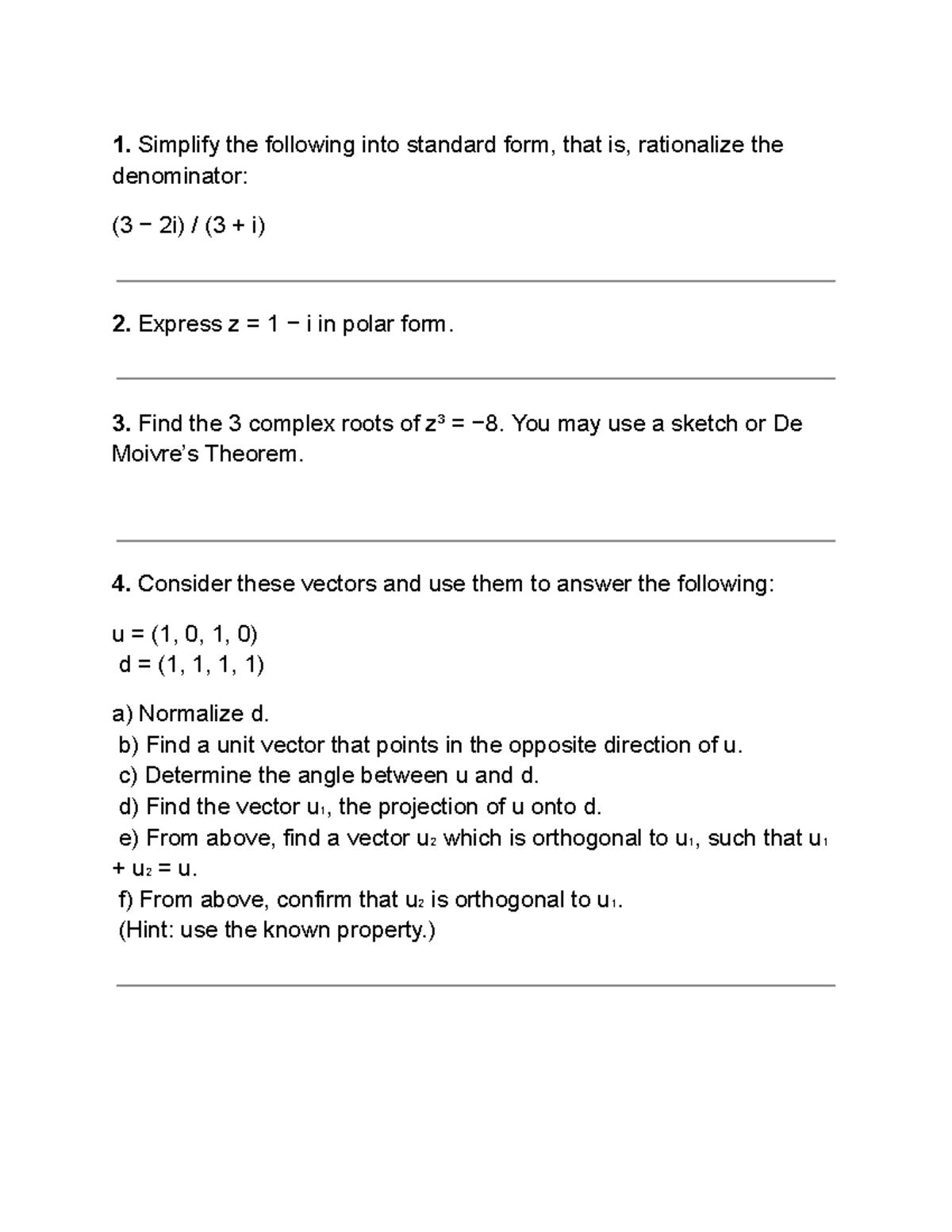 Diagnostic Practice for Exam: Math 101 - Complex Numbers & Linear ...