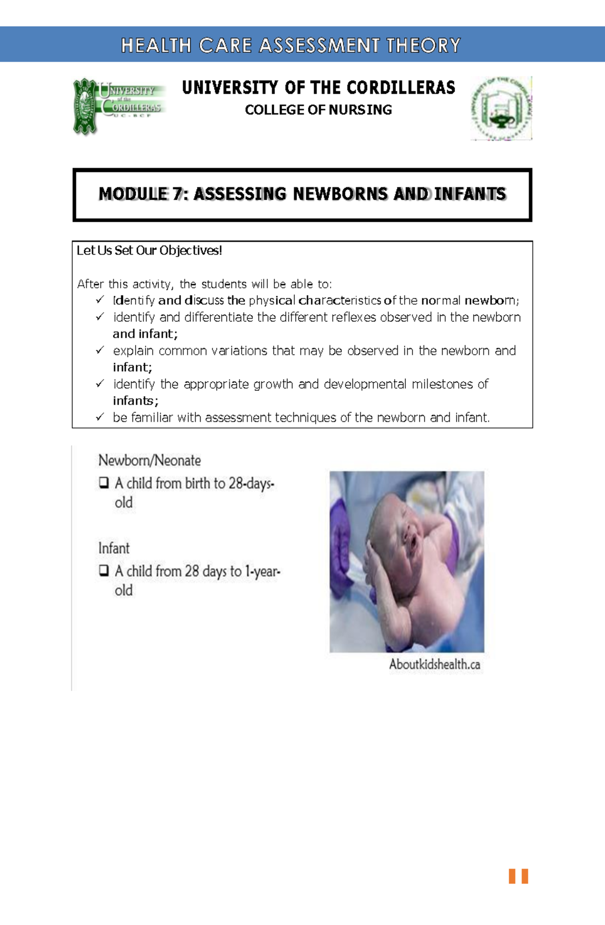 UC Nursing Module 7: Assessing Newborns & Infants Objectives - Studocu