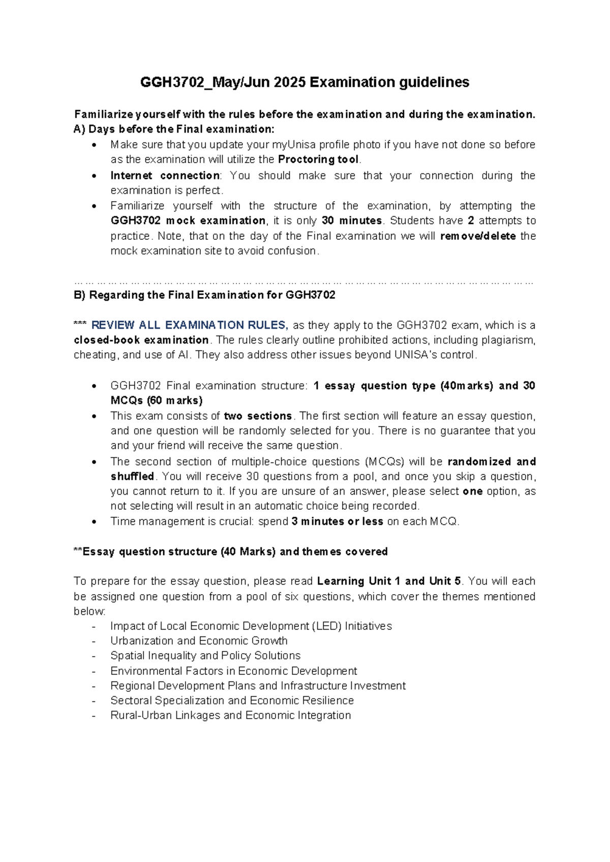 GGH3702 Final Exam Guidelines and Preparation Tips - Studocu