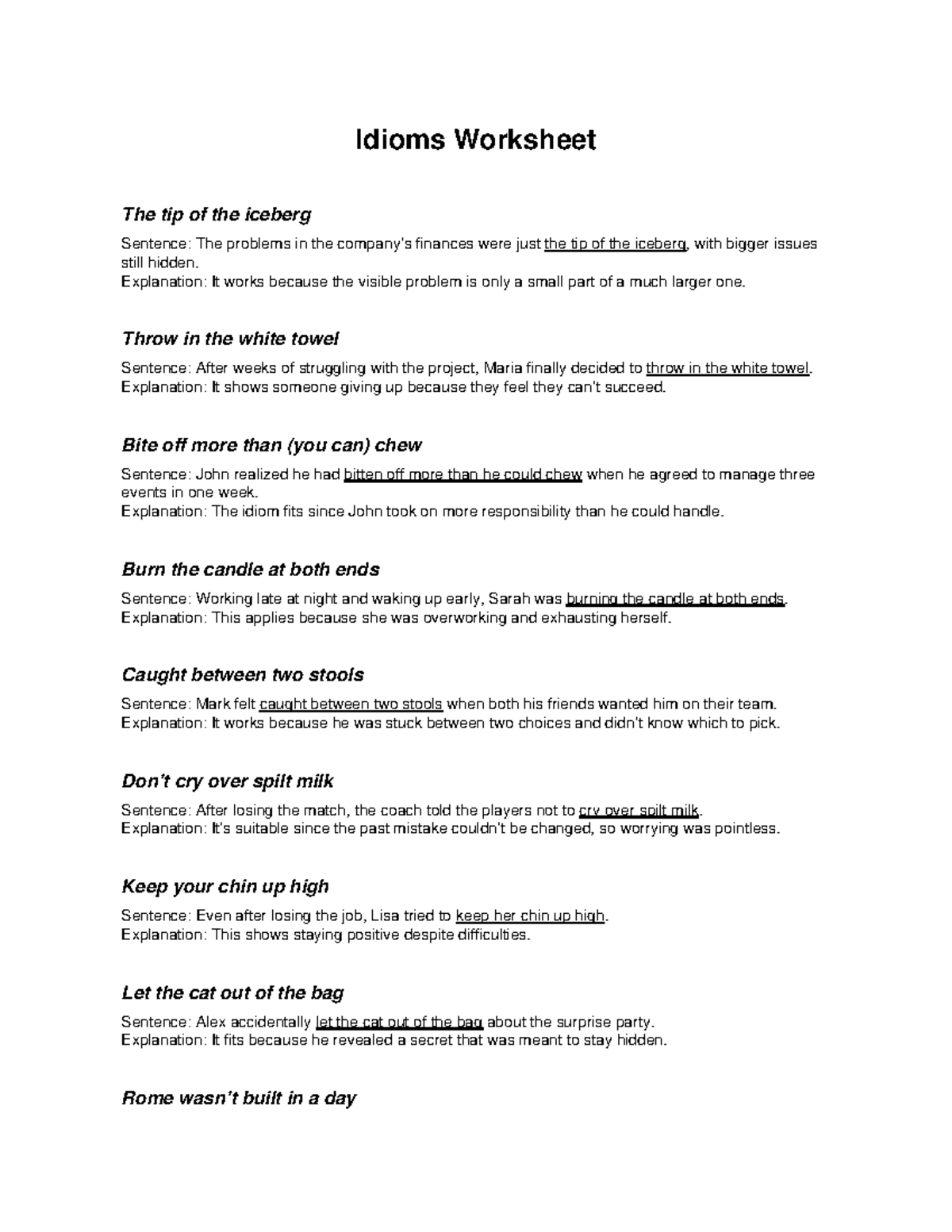 Idioms Worksheet: Understanding Common Expressions - Studocu