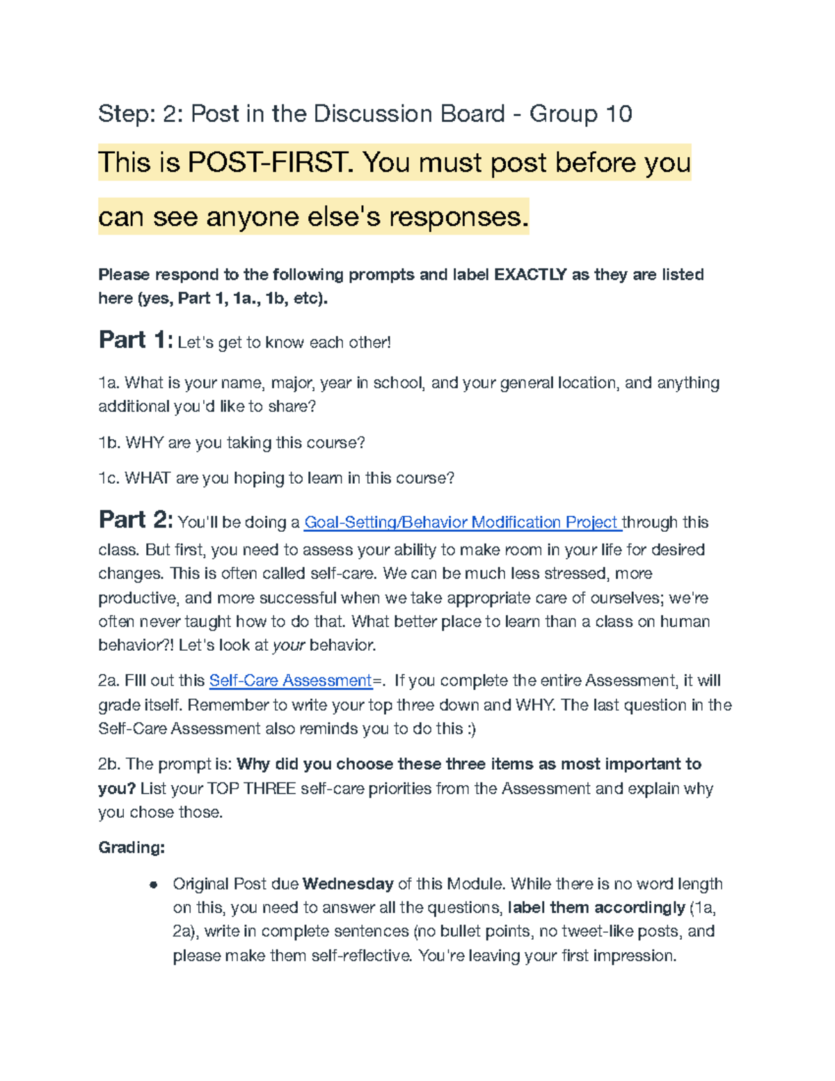 Discussion Board Post Instructions for Group 10: Get to Know Each Other ...