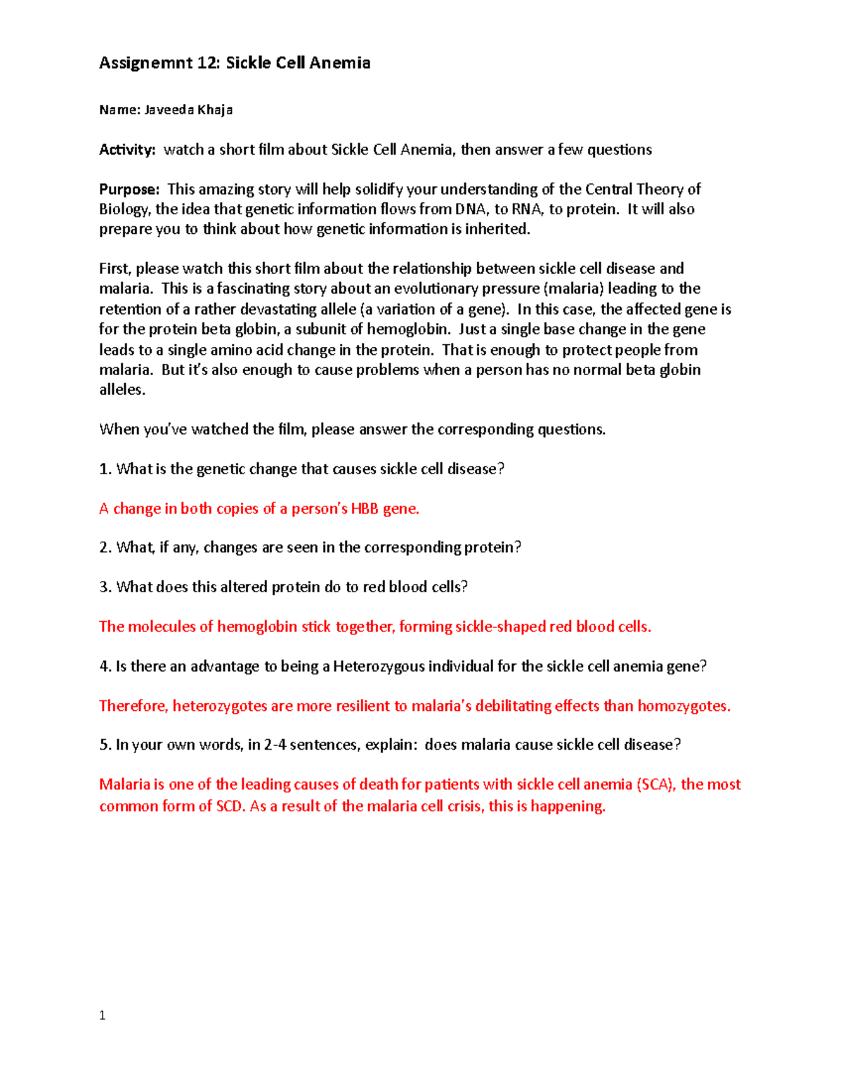 Assignment 12: Understanding Sickle Cell Anemia and Its Genetics - Studocu