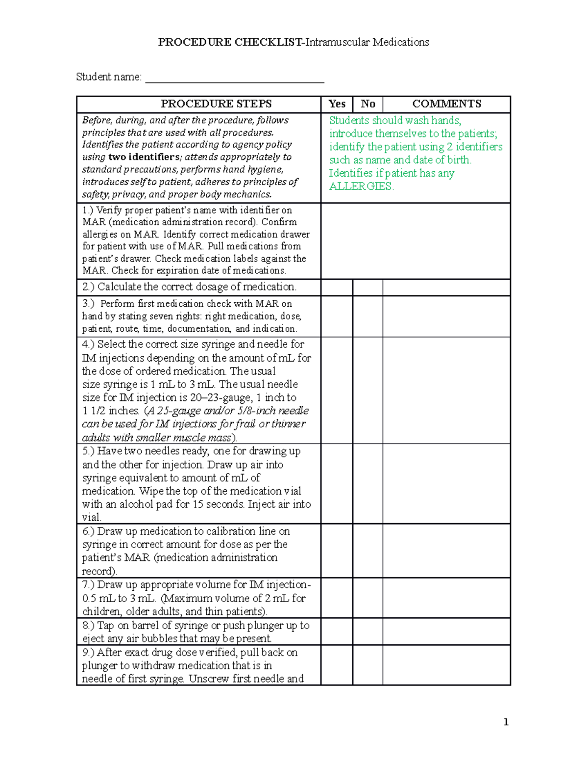 IM injection procedure checklist revised 12172022 - Student name