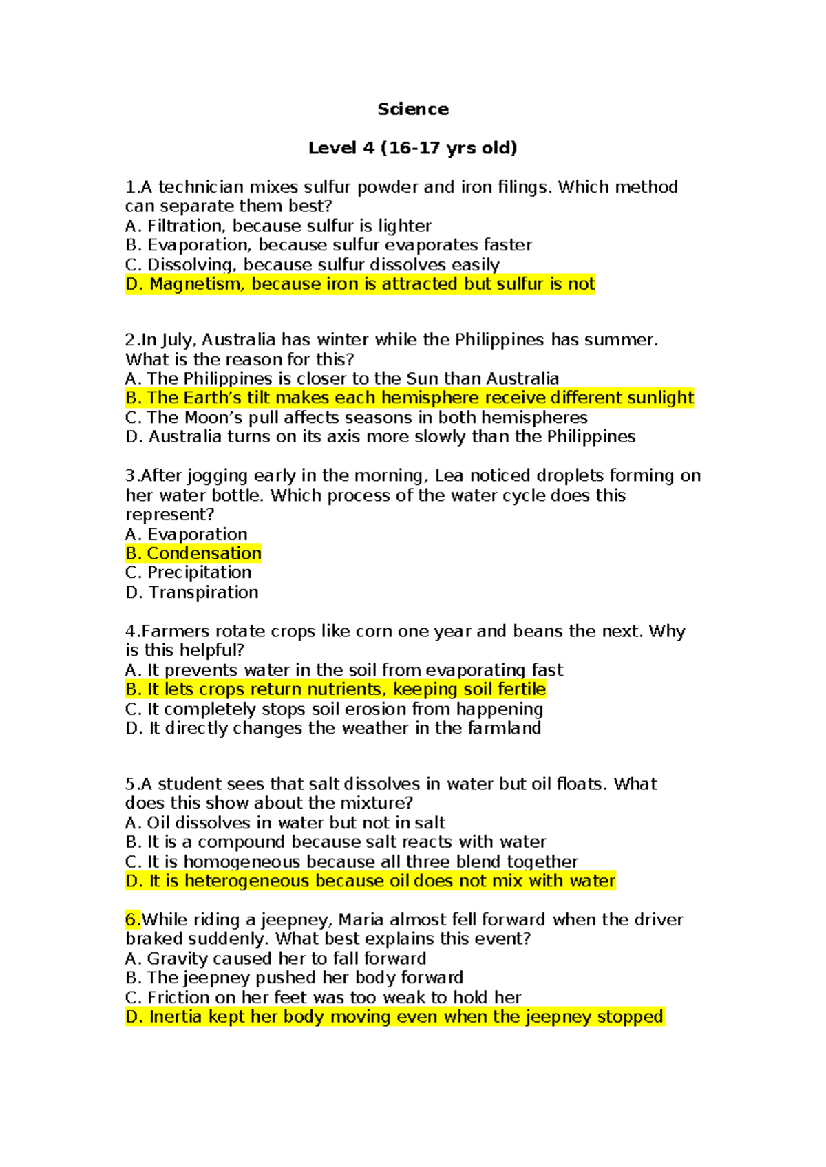 Level 4 Science Reviewer: Key Concepts and Questions - Studocu