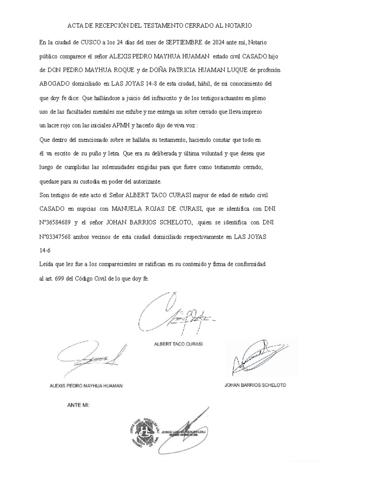 ACTA DE RECEPCIÓN DEL TESTAMENTO CERRADO - Dlstudocu - Studocu
