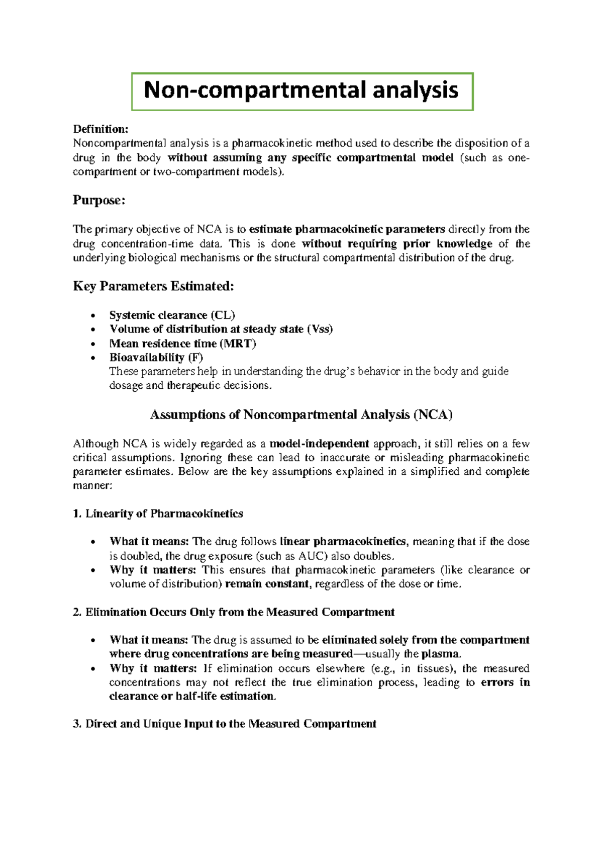 Noncompartmental Analysis (NCA): Key Concepts and Assumptions - Studocu