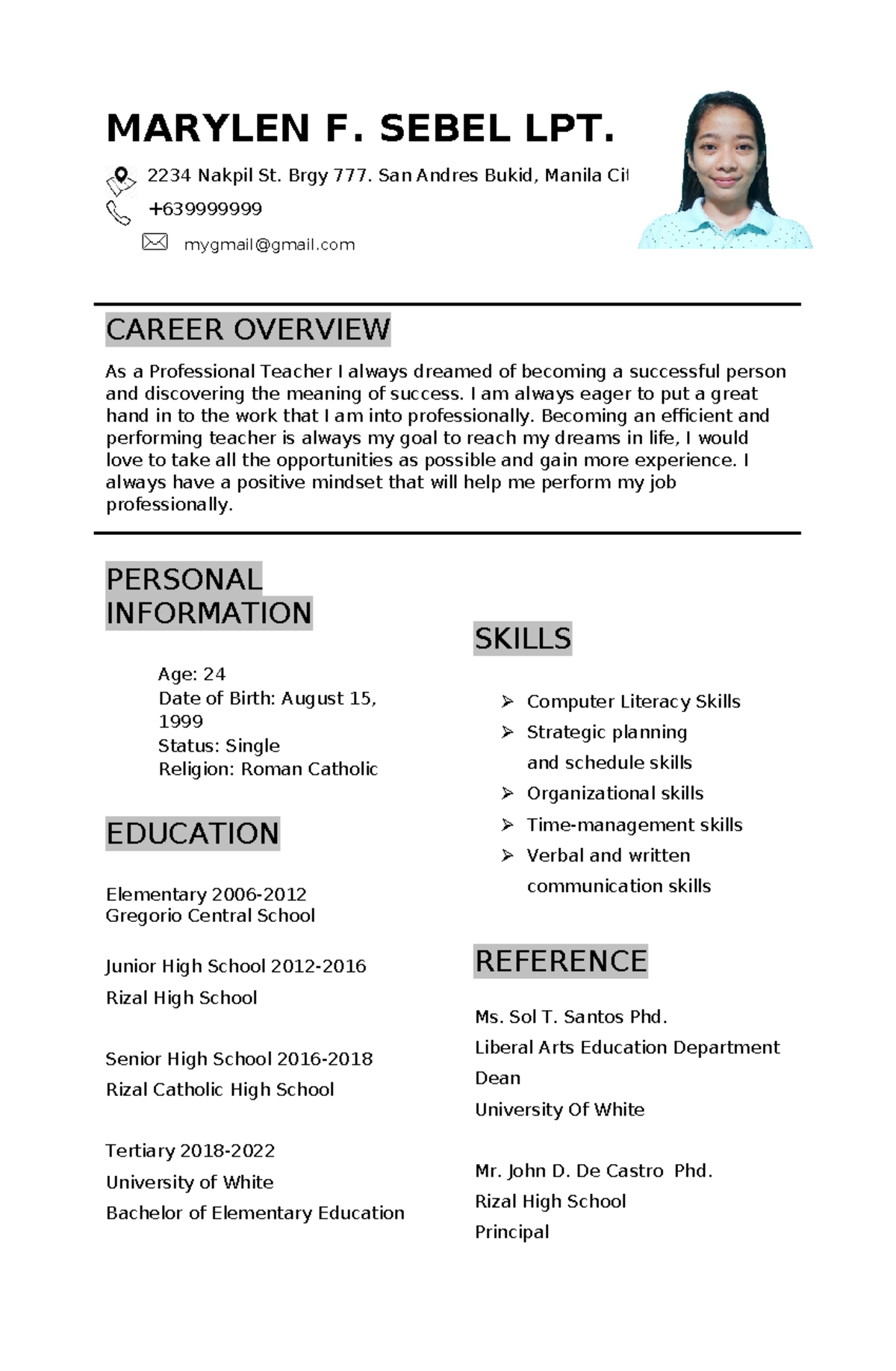 LPT Sample Resume for Professional Teacher Applicant - Studocu