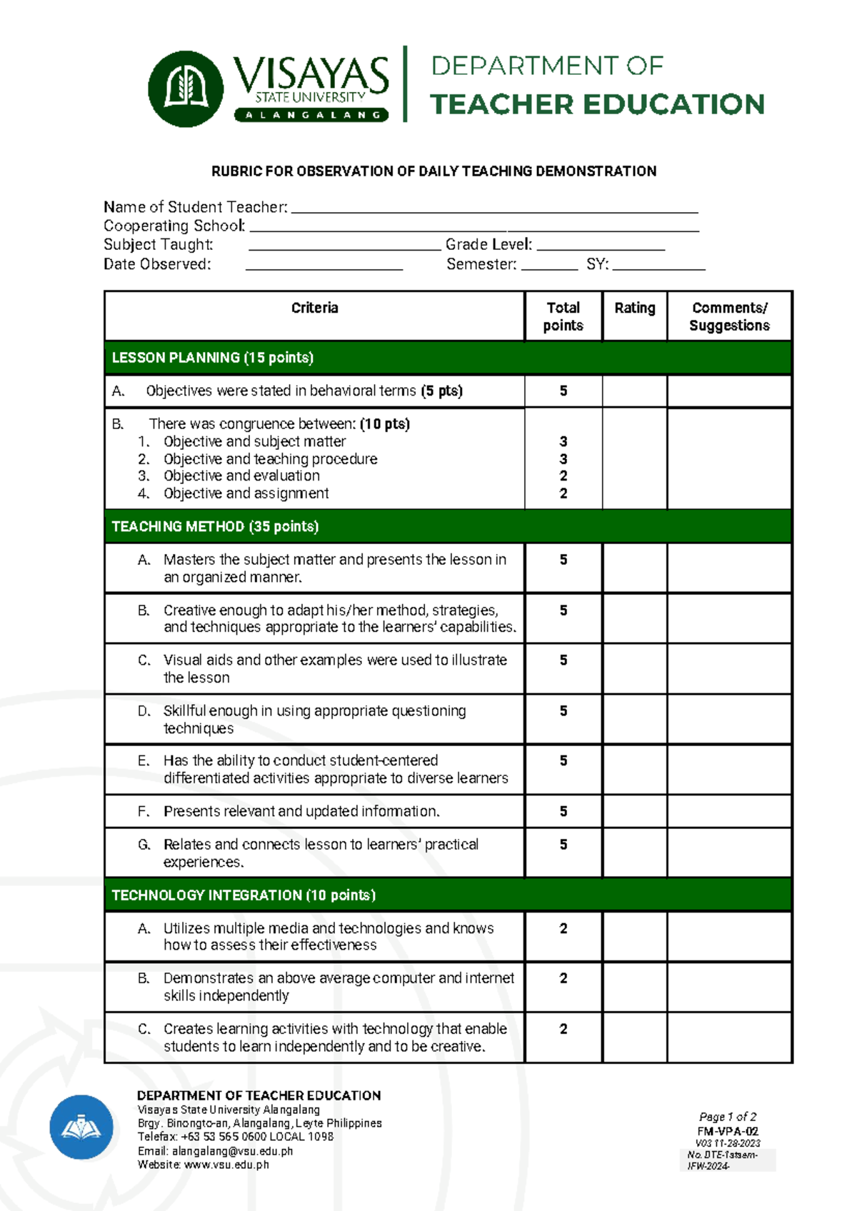 RUBRIC FOR DAILY TEACHING DEMONSTRATION EVALUATION - Studocu