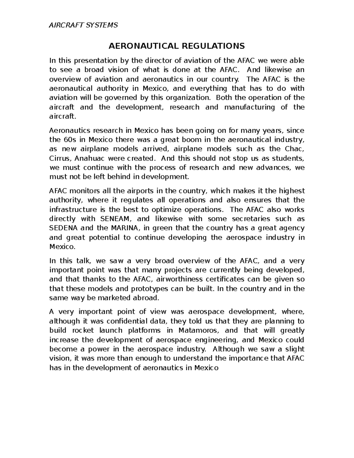 Aeronautical regulations speech - AIRCRAFT SYSTEMS AERONAUTICAL ...