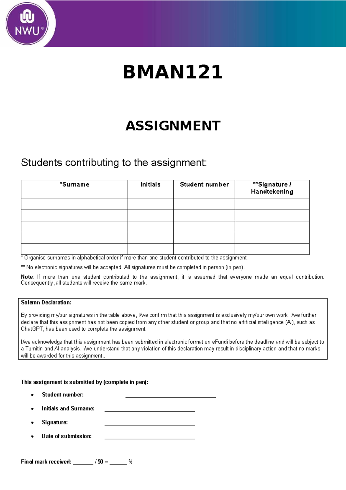 BMAN121 Assignment Cover Page and Submission Guidelines - Studocu