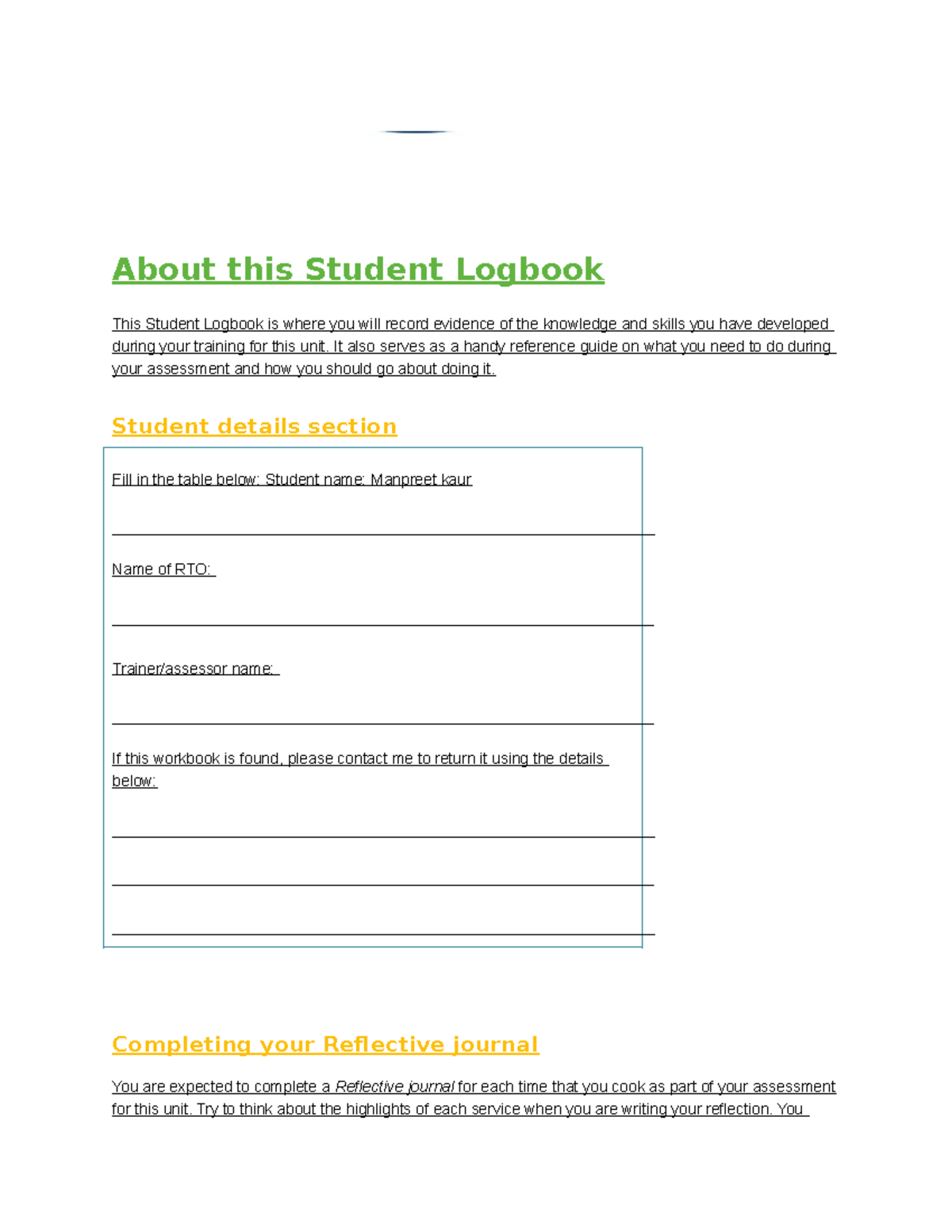 Sithkop 009 Student Logbook - About this Student Logbook This Student ...