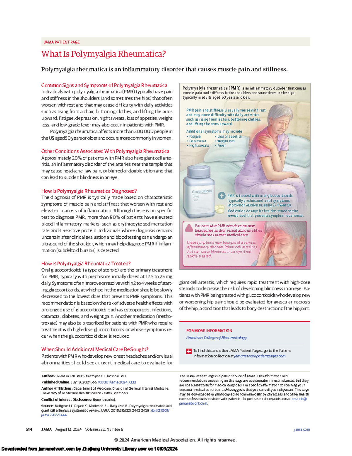 JAMA Patient Page: Understanding Polymyalgia Rheumatica (PMR) - Studocu