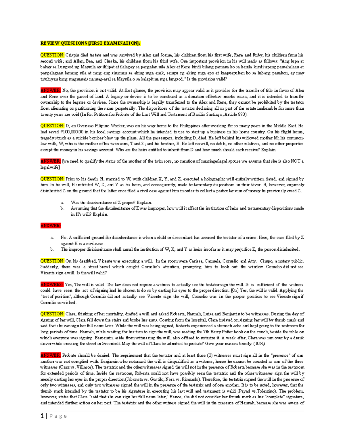 Review Questions on Wills and Succession Law (Law 101) - Studocu
