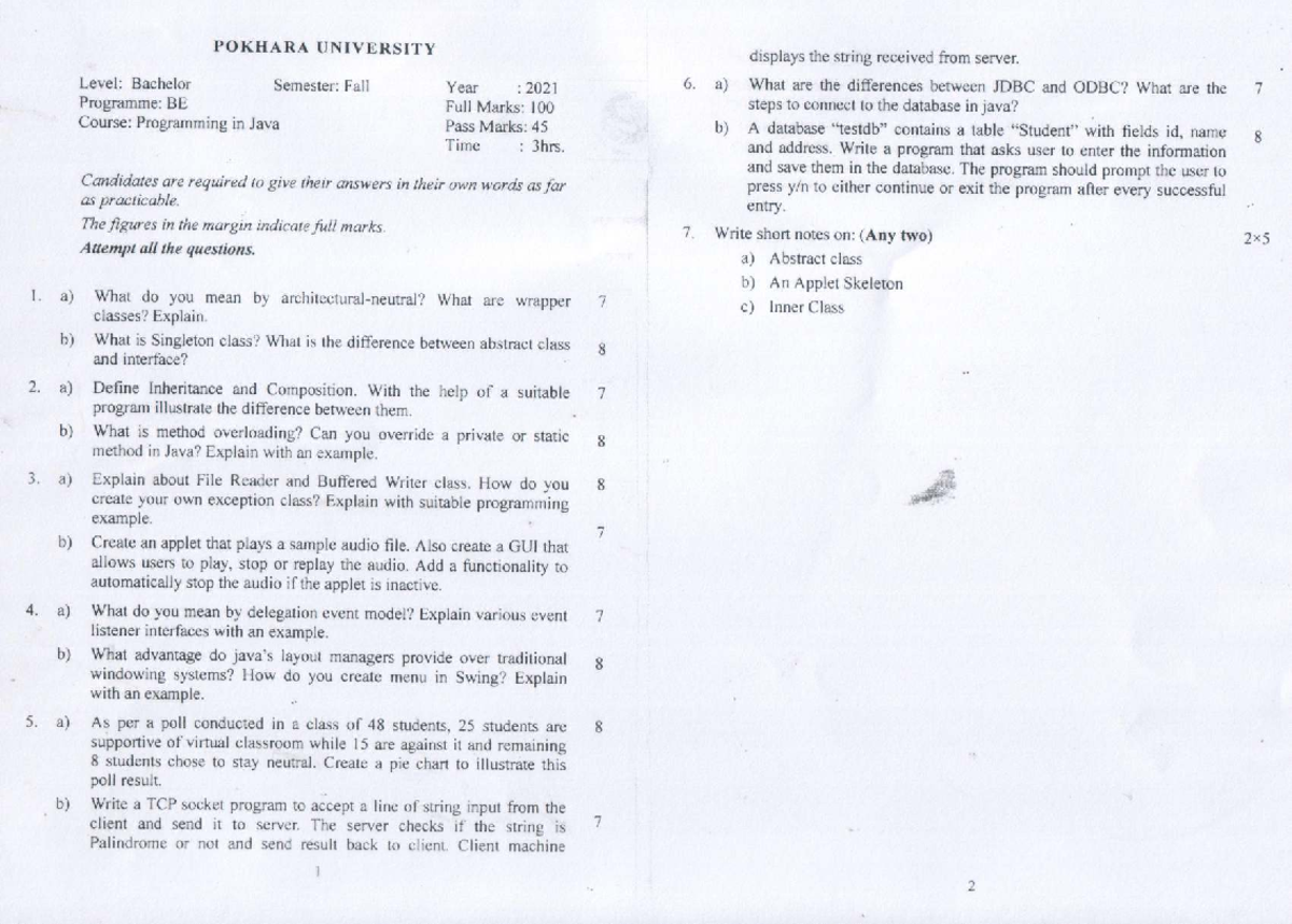 Java-21 Fall: Programming in Java Question Paper - Studocu