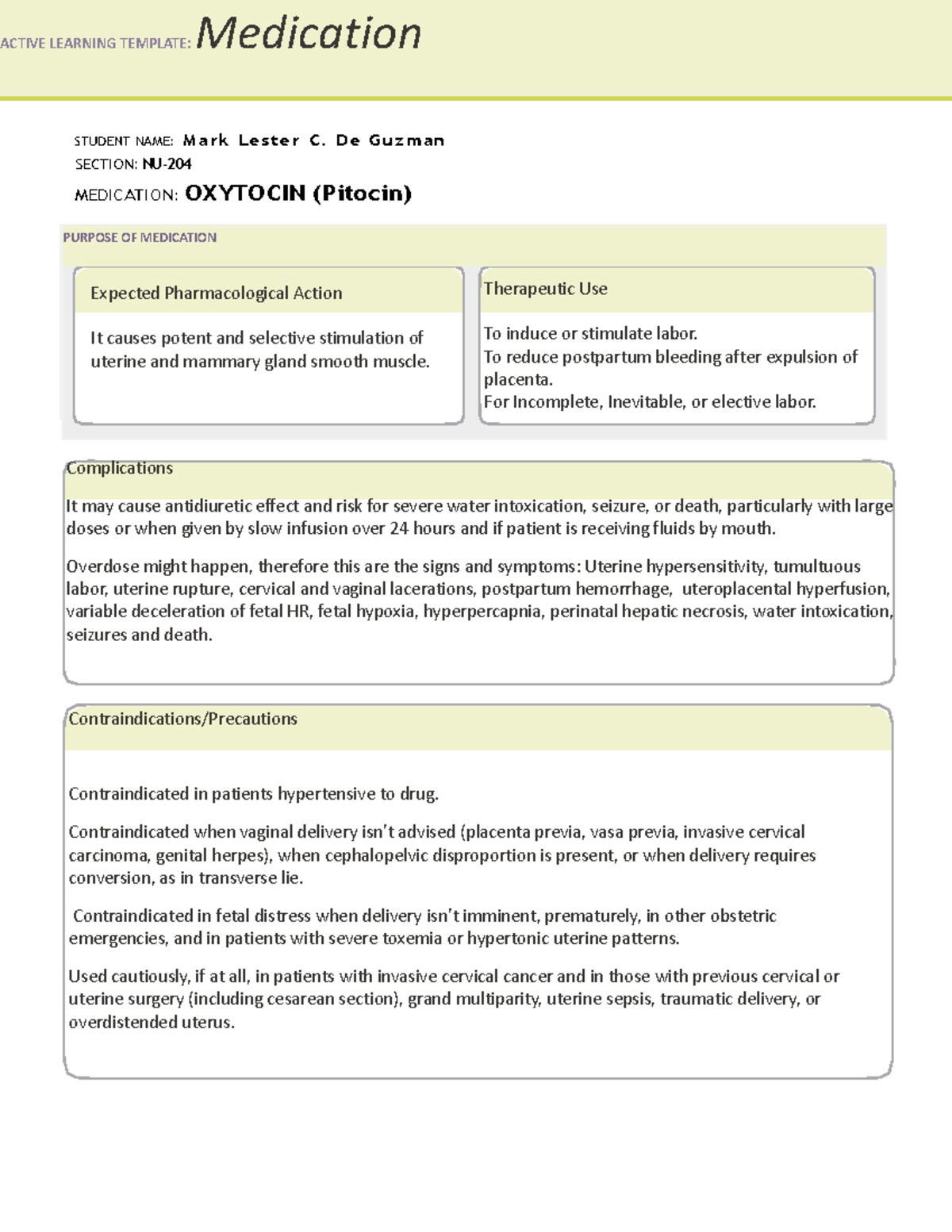 NU- Oxytocin (Pitocin) Drug Study: Pharmacological Actions & Uses - Studocu