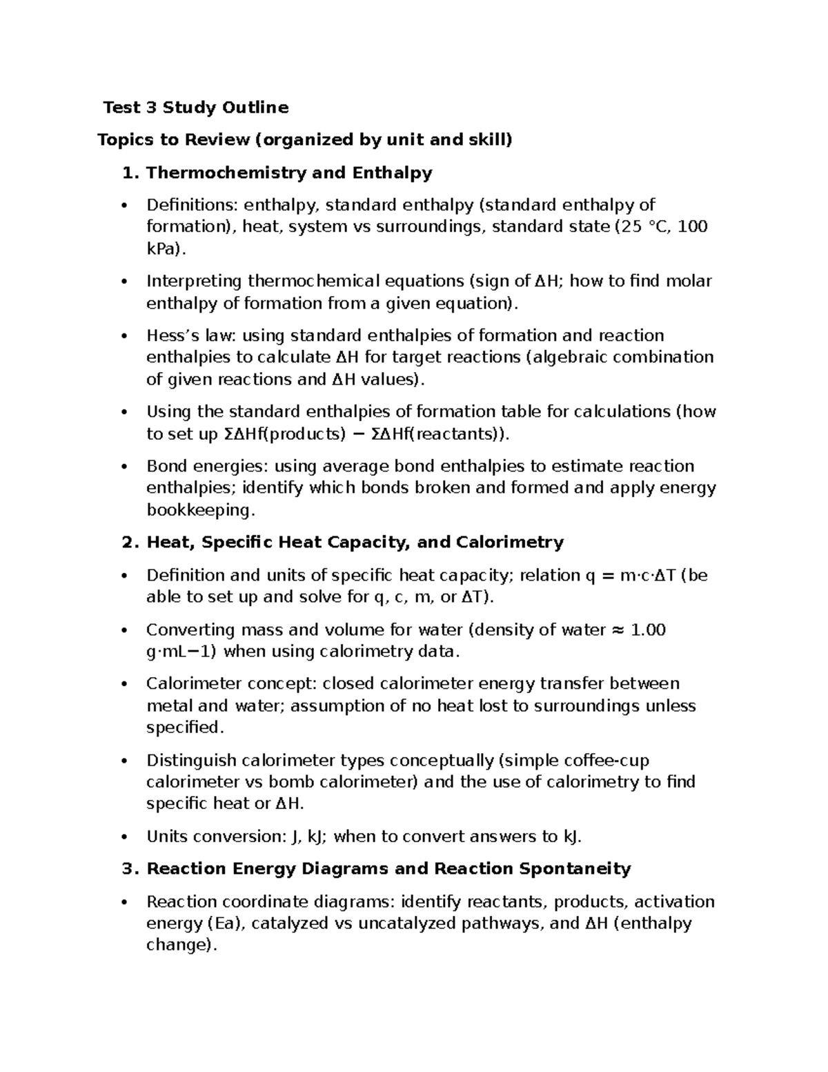 Test 3 Study Outline: Thermochemistry, Kinetics & Calorimetry Review ...