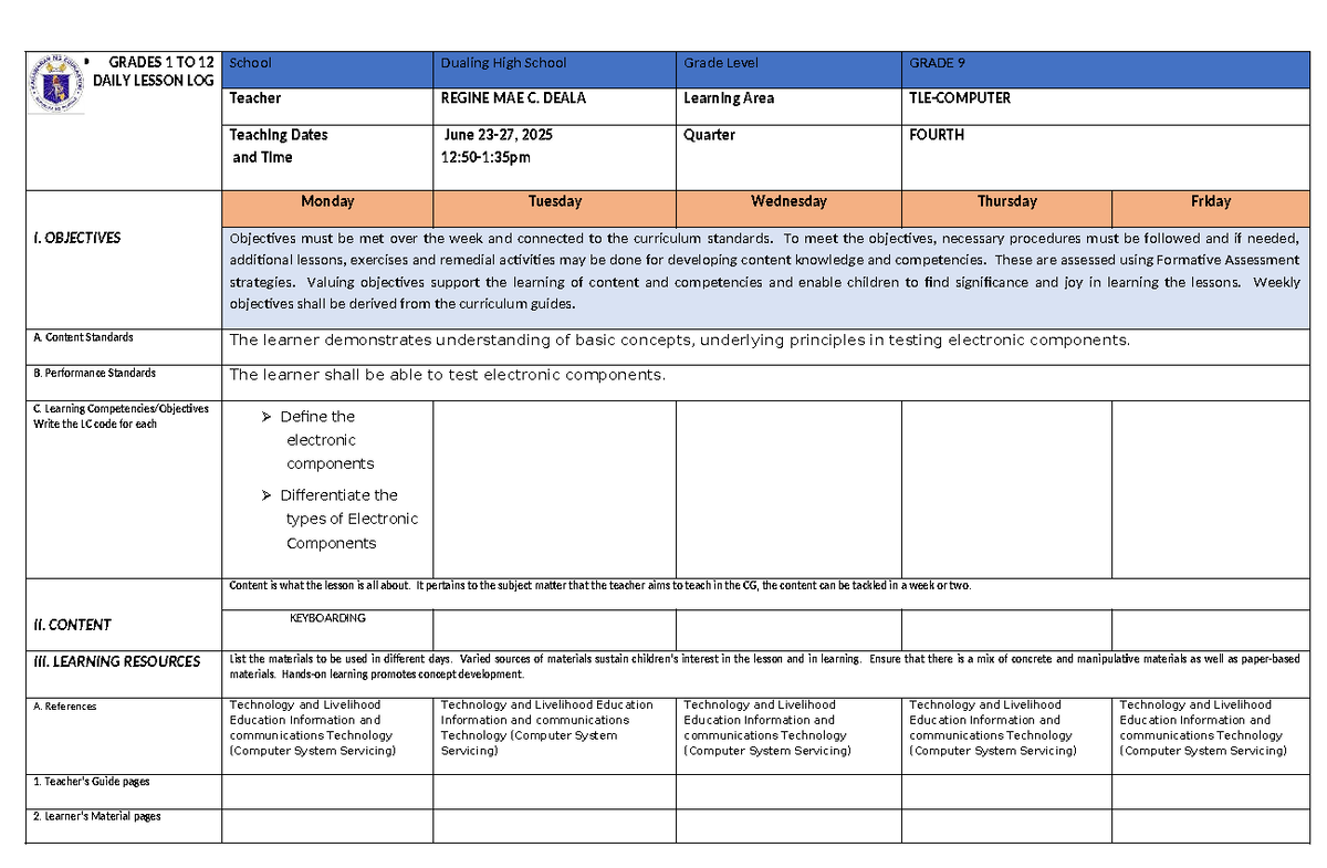 Grade 9 Daily Lesson Log: Week 1 (CSS, Jan 26-30, 2026) - Studocu