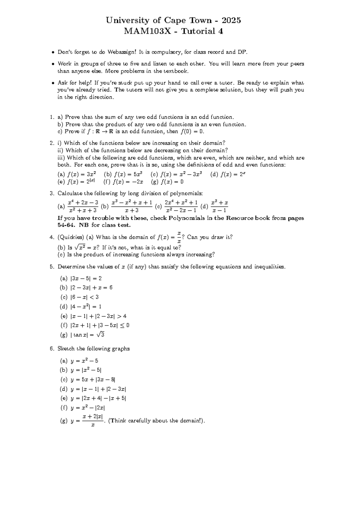MAM103X Tutorial 4: Understanding Odd and Even Functions - Studocu