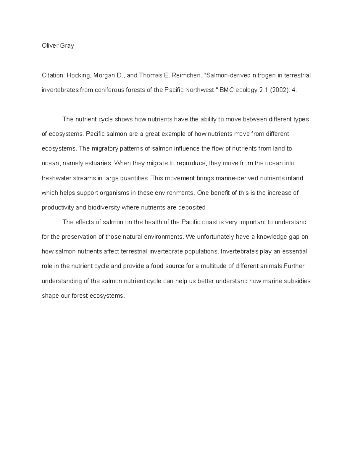 Salmon Nutrient Cycle Impact on Terrestrial Invertebrates - Studocu