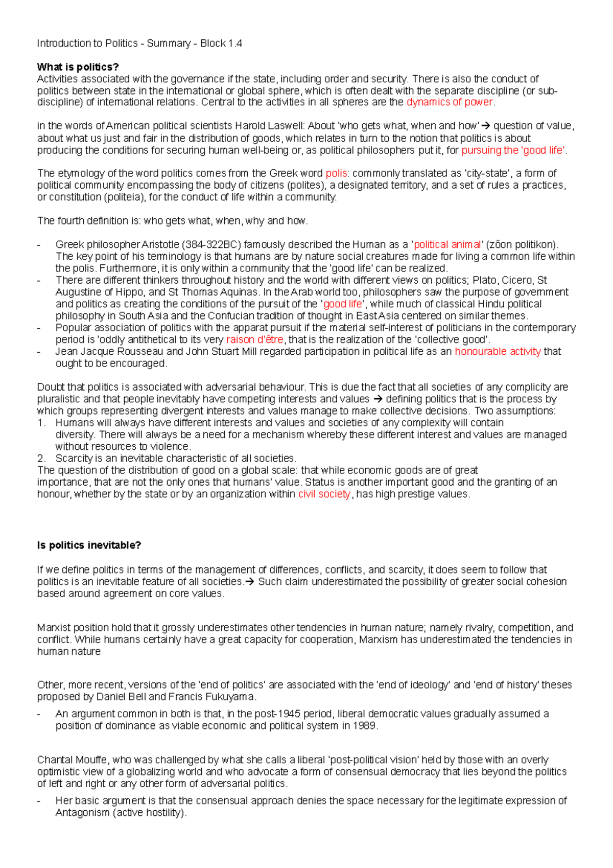Introduction to Politics - Block 1 Summary and Key Concepts - Studeersnel