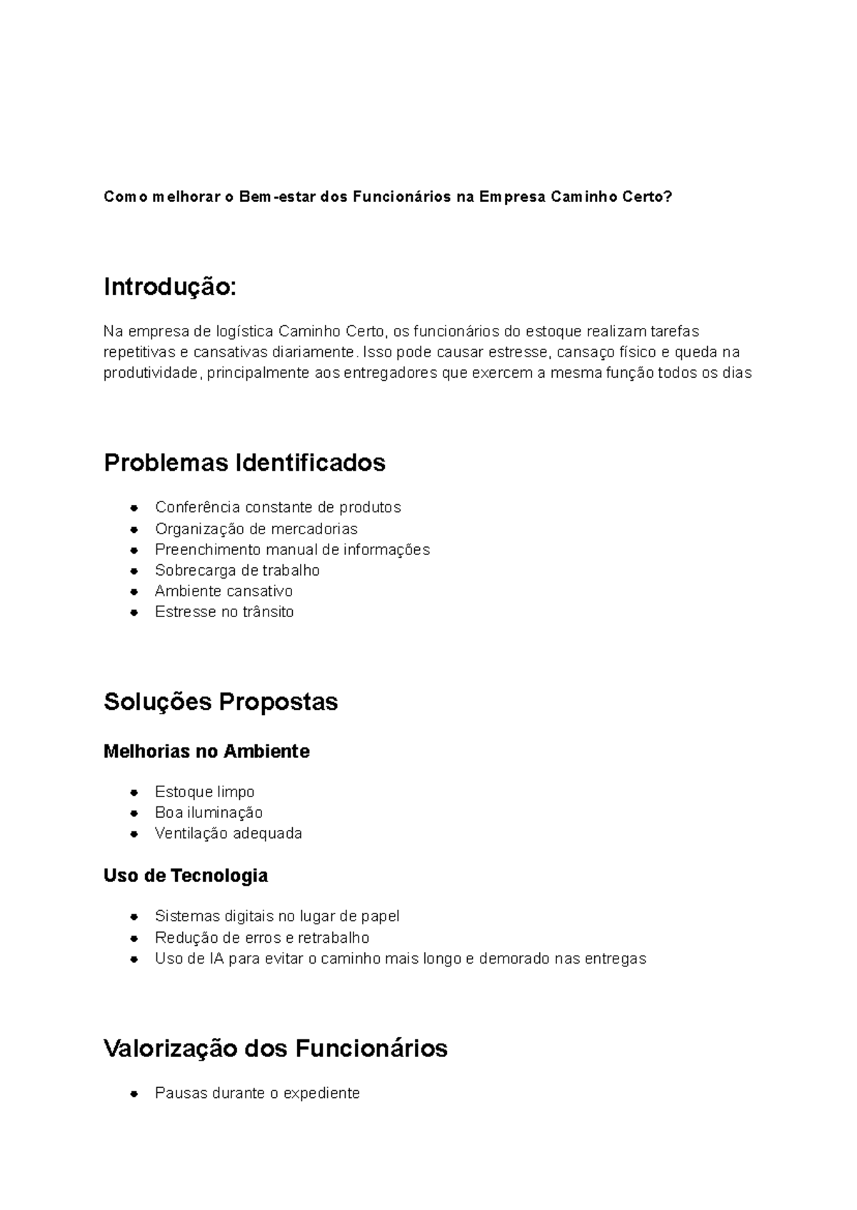 Melhorias no Bem-Estar dos Funcionários na Empresa Caminho Certo - Studocu