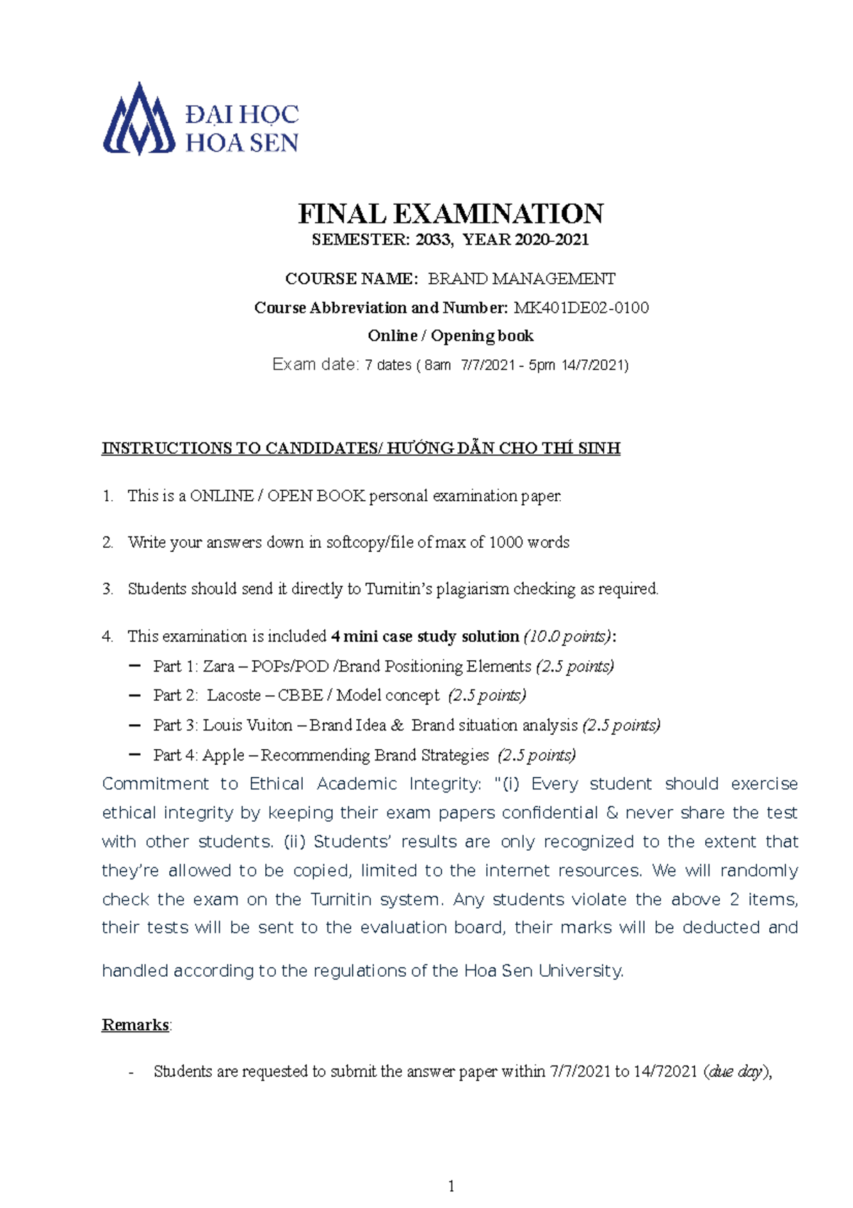 SBM - Final Examination Paper - 1 - 062021 - HSU - Teaching English ...
