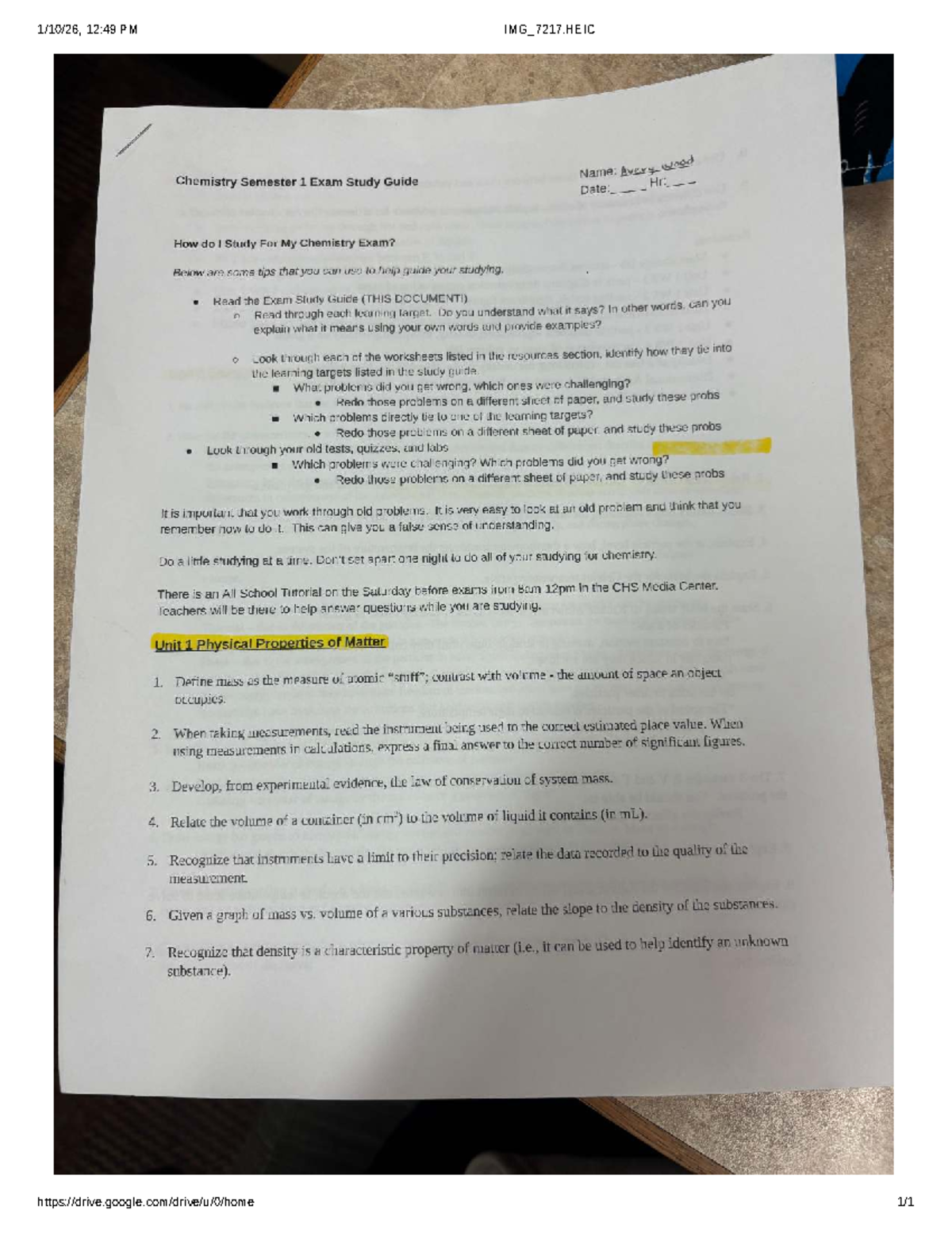 Chemistry 101: Semester 1 Exam Study Guide by Avery Wood - Studocu