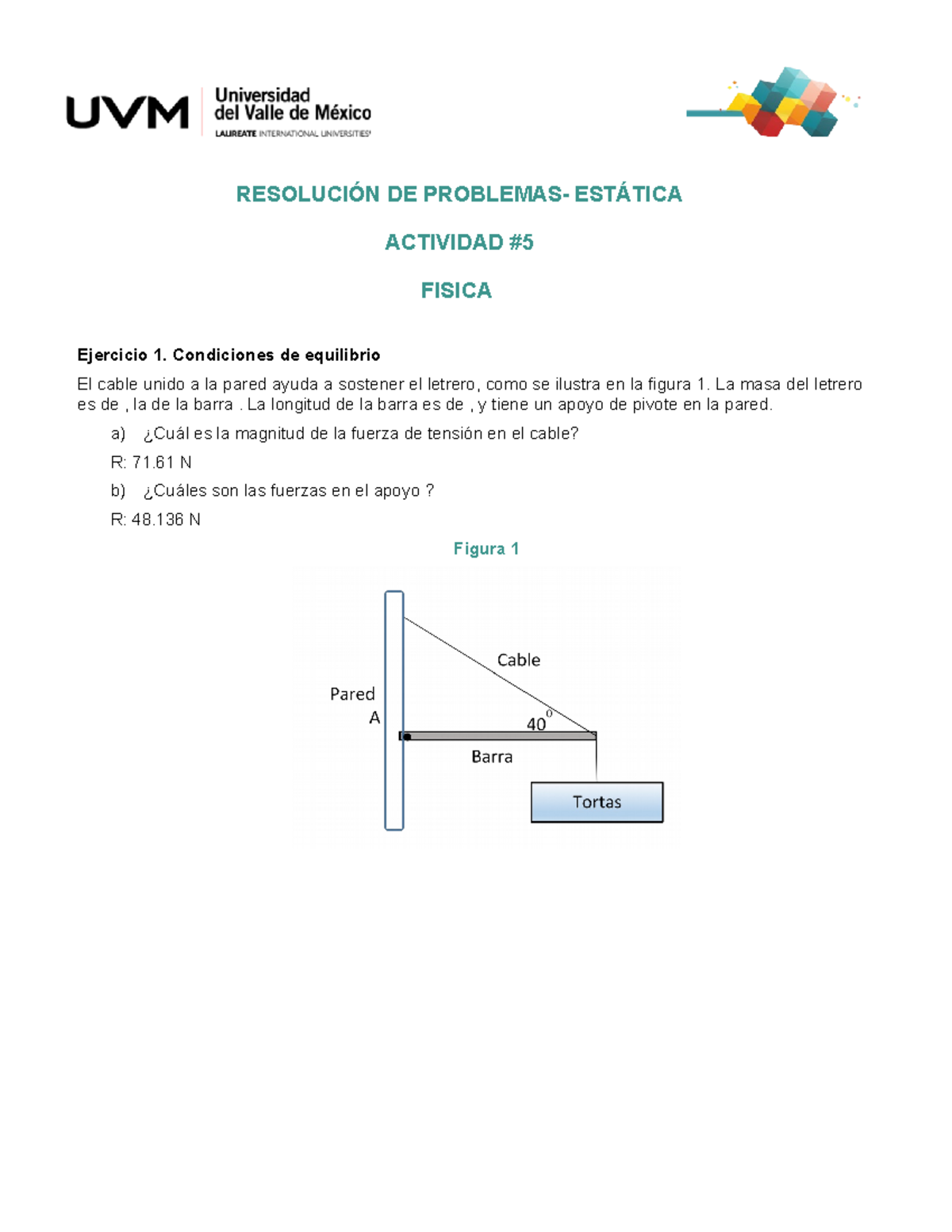 U4 Ejercicios Estatica - RESOLUCIÓN DE PROBLEMAS- ESTÁTICA ACTIVIDAD FISICA Ejercicio 1 ...