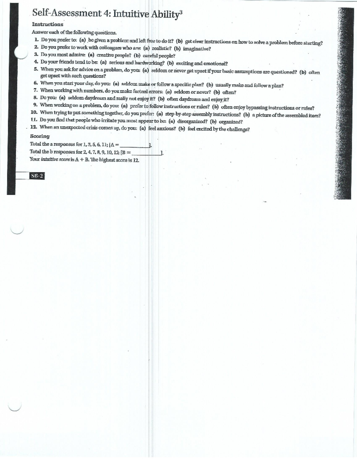 Self-Assessment: Intuitive Ability Questionnaire and Scoring Guide ...