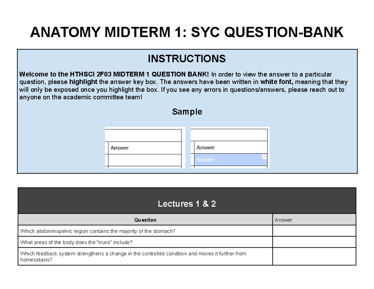 HTHSCI 2F03 Anatomy Midterm 1: Comprehensive Question Bank - Studocu