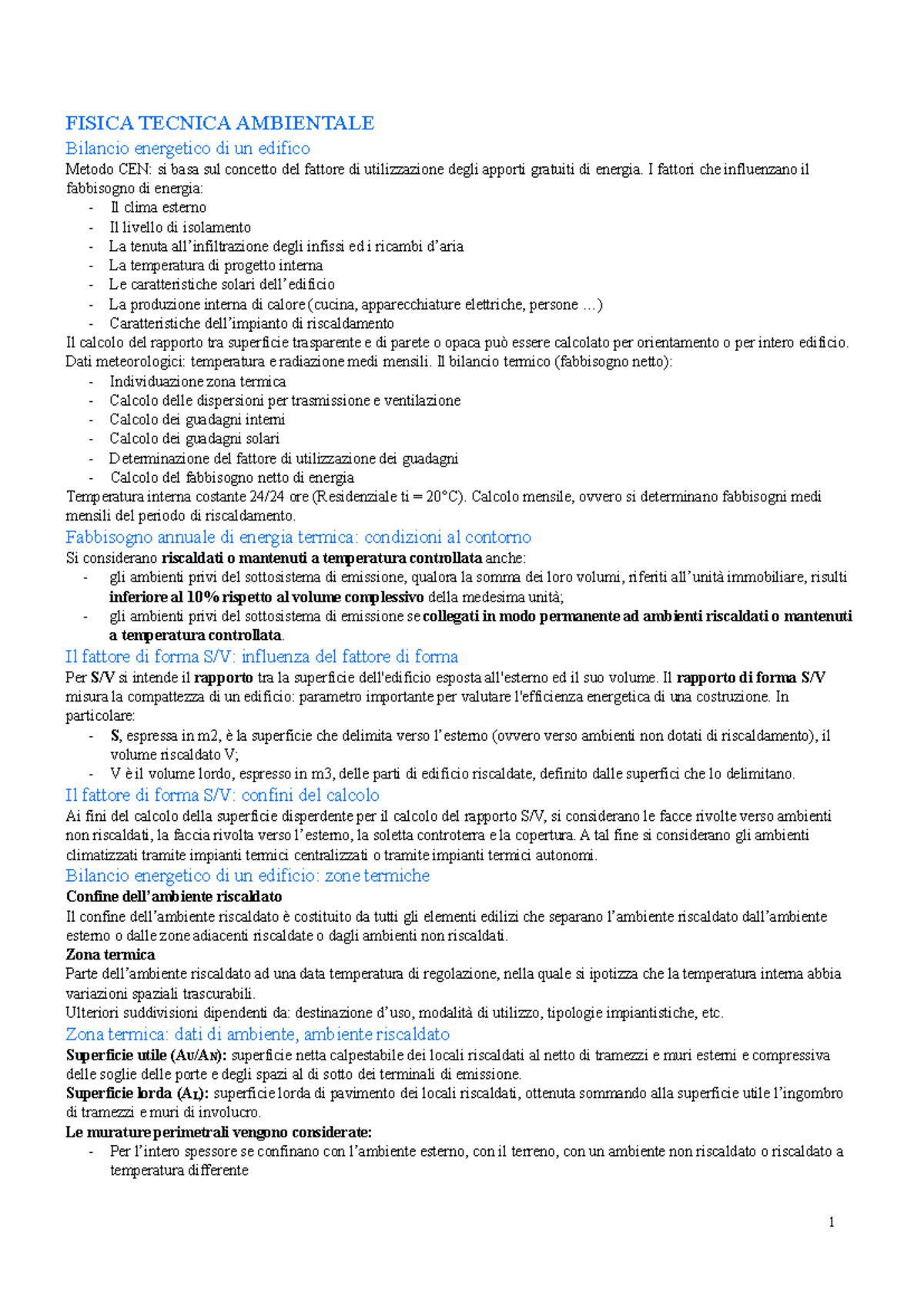 Riassunto FTA 2024: Bilancio Energetico Edifici e Metodi CEN - Studocu
