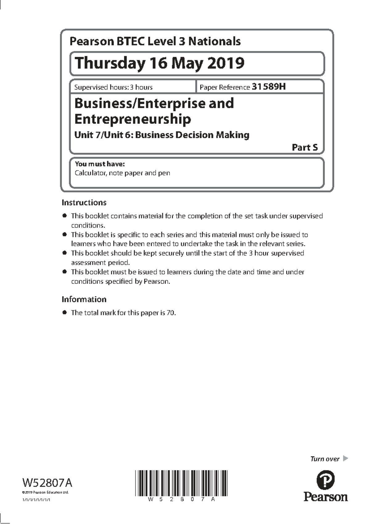 Past Paper May 2019: BTEC Level 3 Unit 6 - Ice Cream Business Decision ...