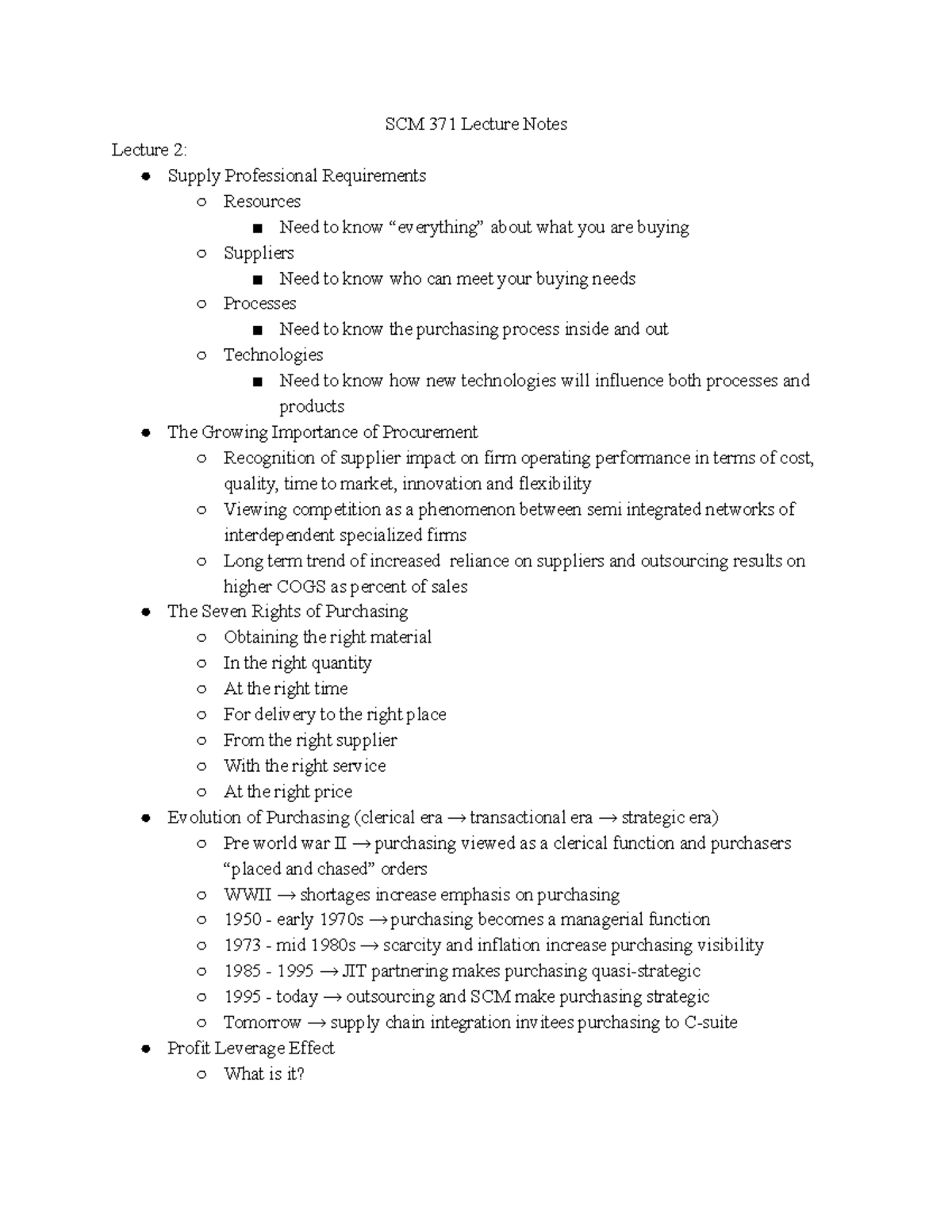SCM 371 Lecture Notes: Supply Chain Management Insights and Processes ...