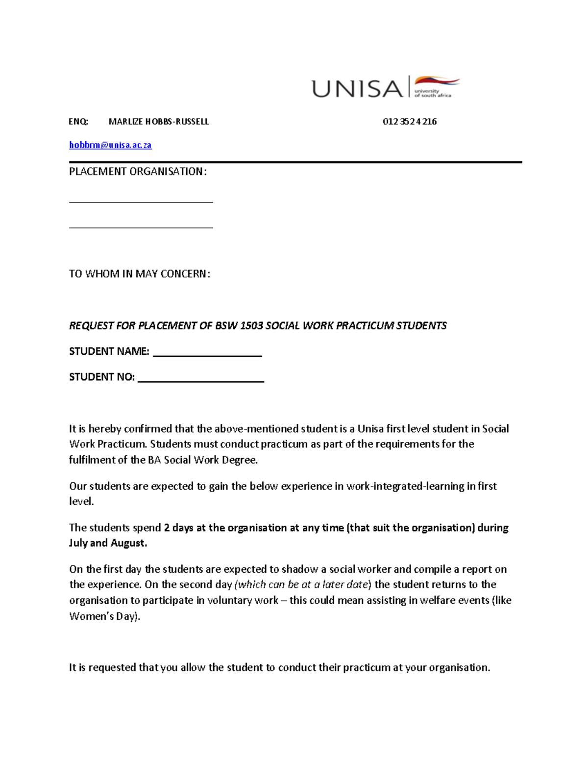Request for Placement Letter for BSW 1503 Social Work Practicum - Studocu