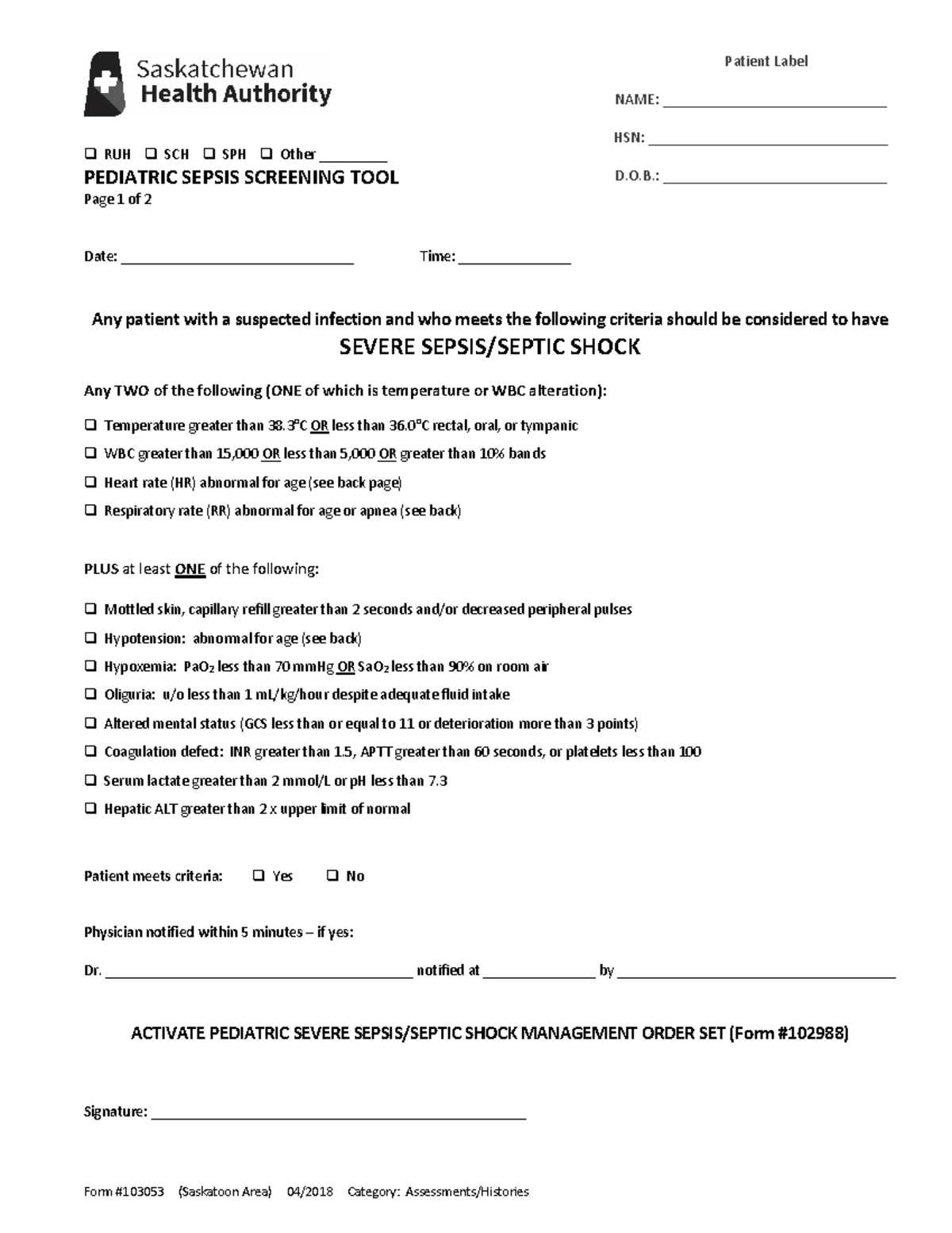 103053- sepsis screening tool 2018 - RUH SCH SPH Other ...