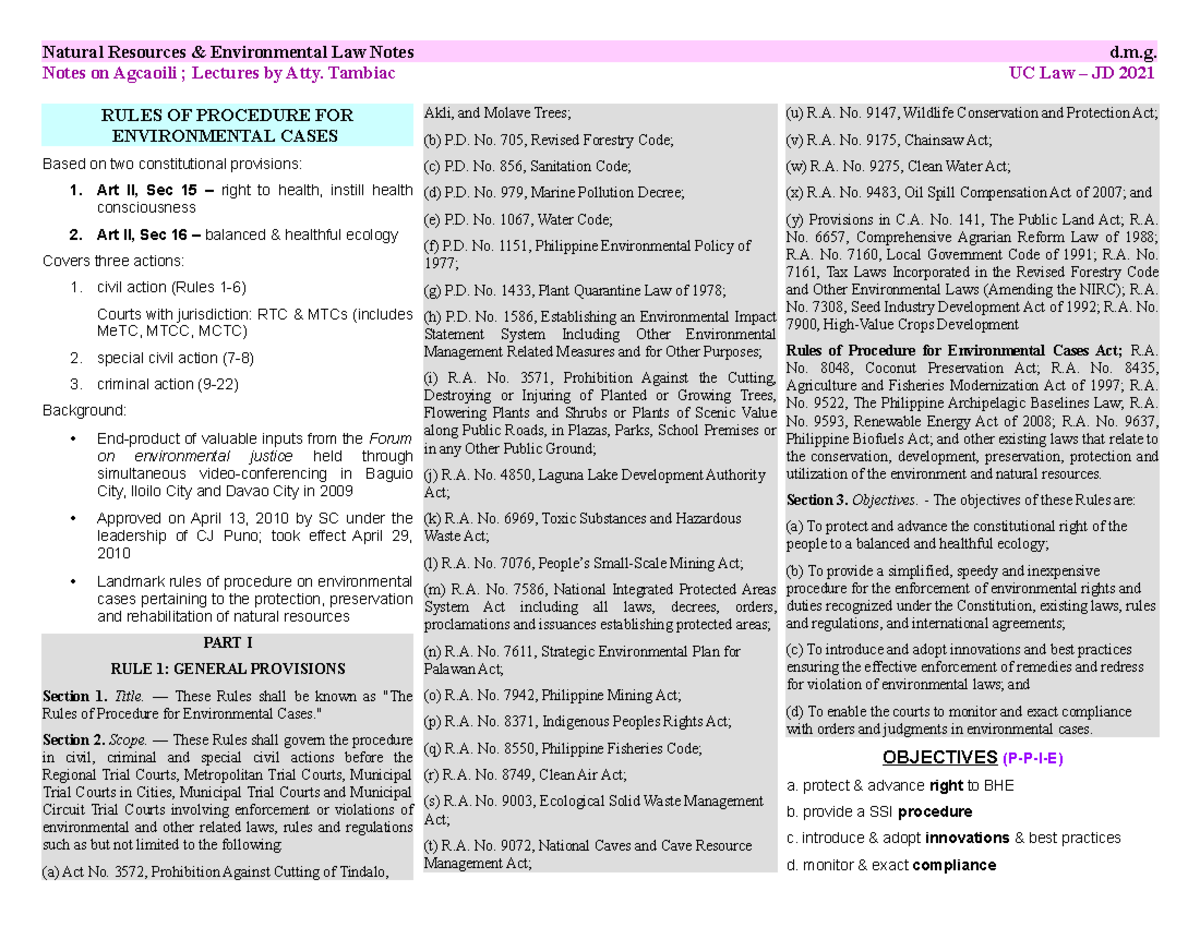 Natural Resources Environmental Law Notes (JD 2021) - Atty. Tambiac ...