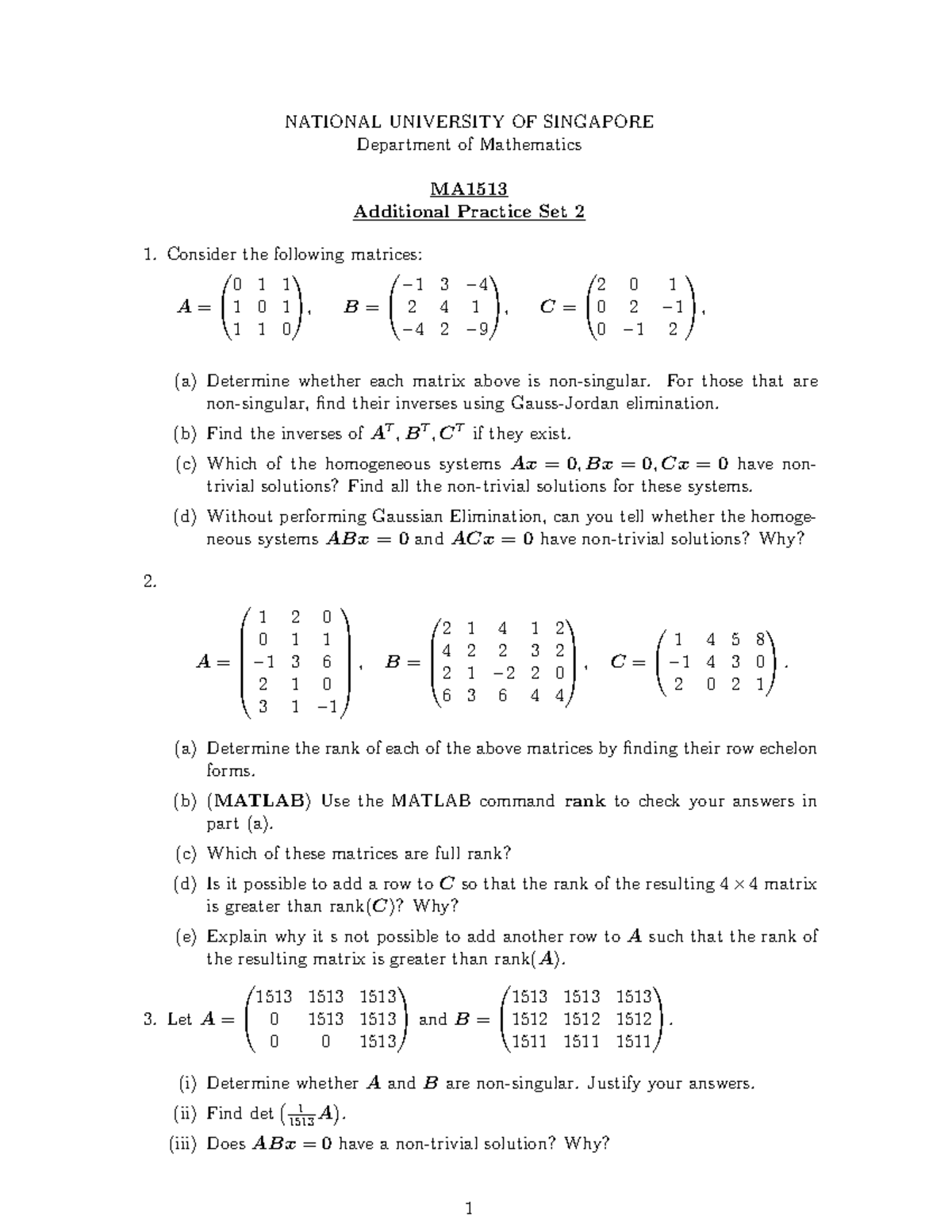 MA1513 Additional Practice Set 2: Matrix Inverses & Ranks - Studocu