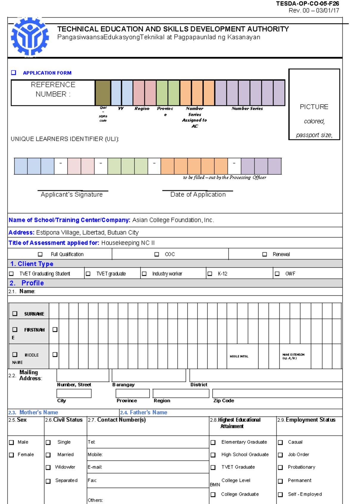 Application Form for Housekeeping NC II Assessment - AC 2-1 - Studocu