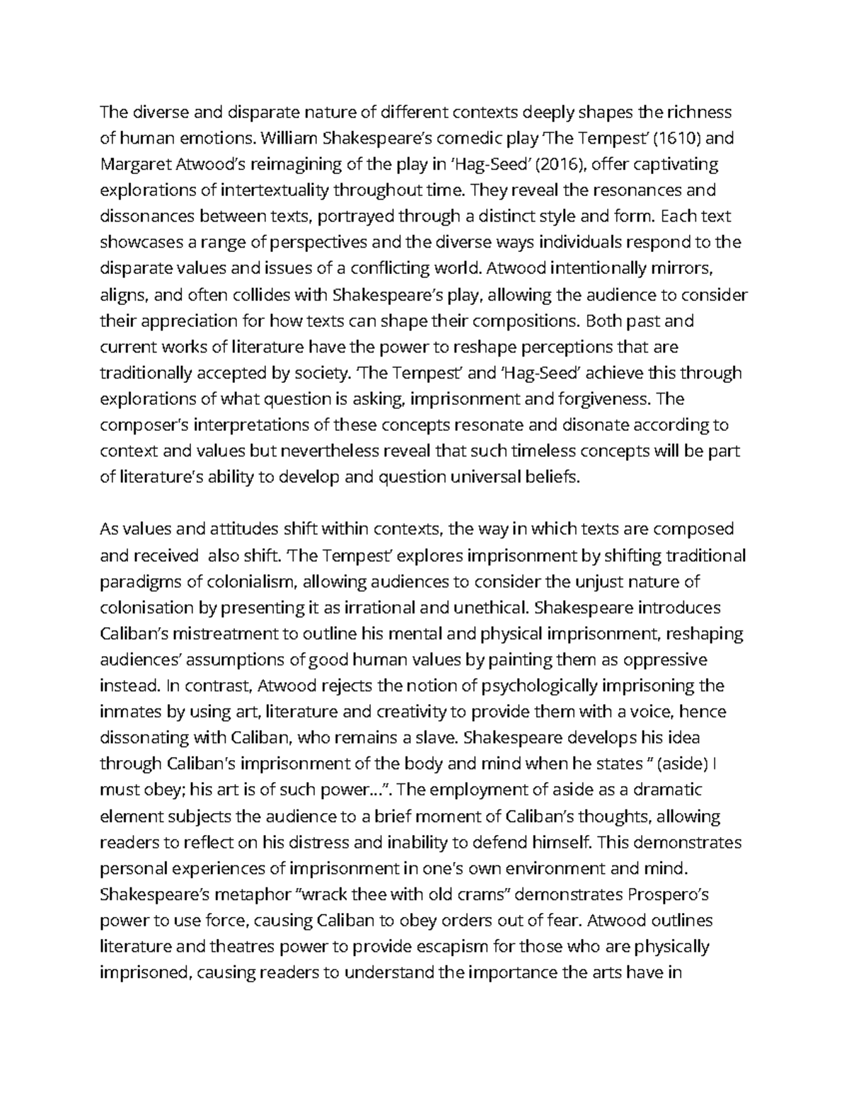 Tempest Hagseed Essay Mod A Intertextuality Forgiveness Studocu