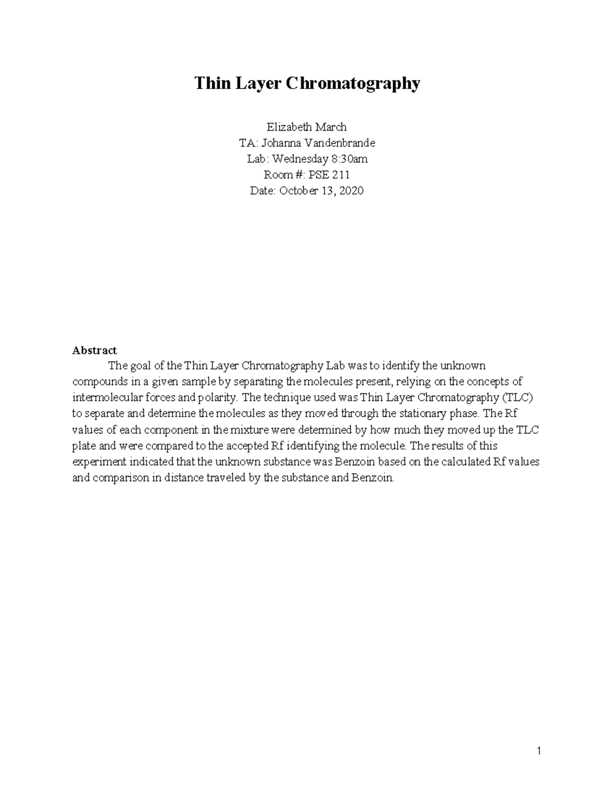 TLC Lab Report: Identifying Compounds via Thin Layer Chromatography ...