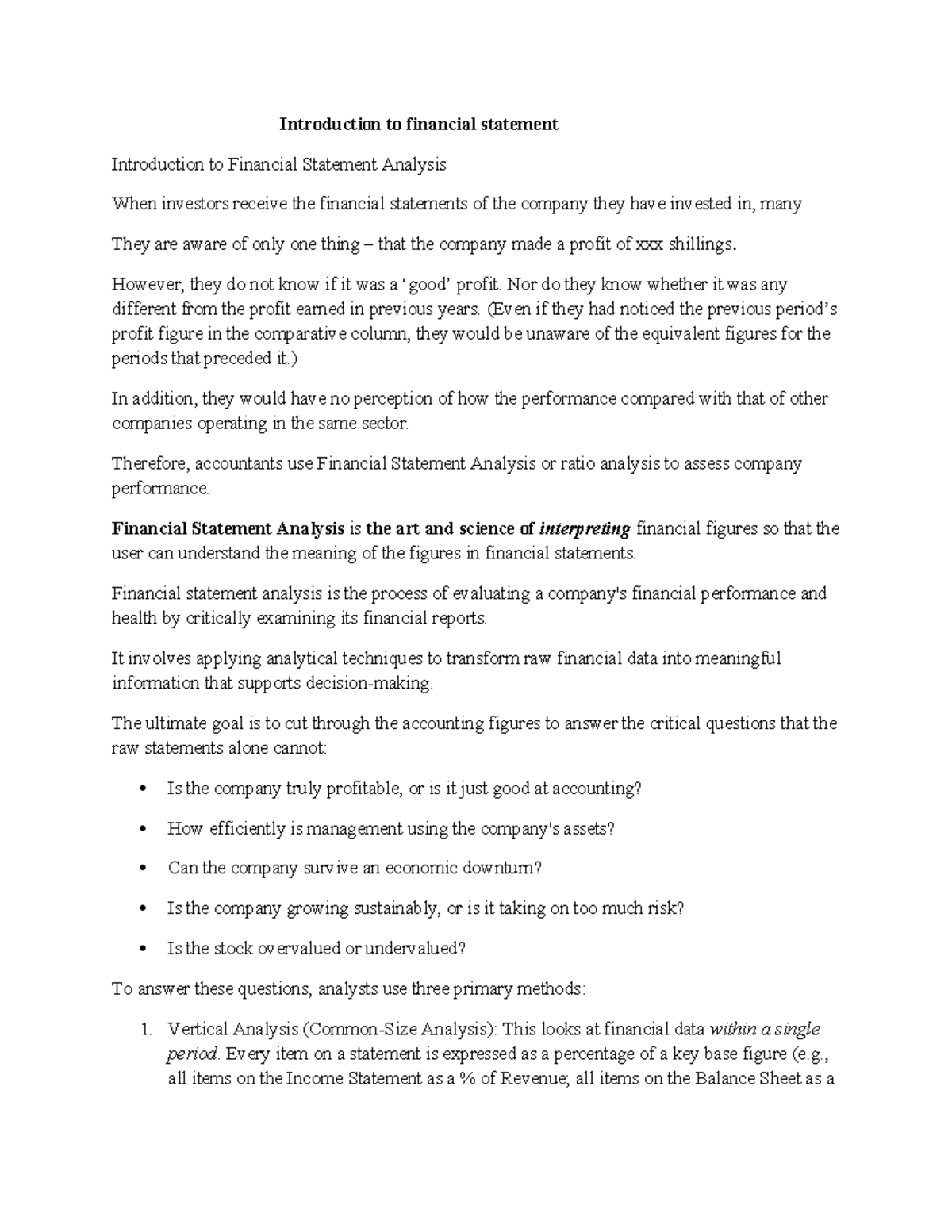 Introduction to Financial Statement Analysis (FIN 101) - Studocu