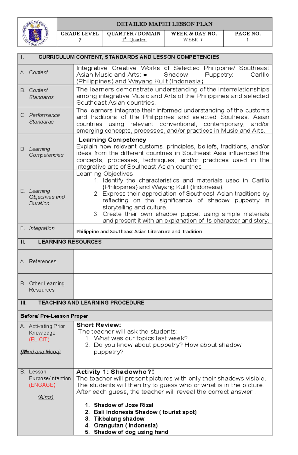 MAPEH GRADE 7 LESSON PLAN: SHADOW PUPPETRY (1st Qtr, Week 7) - Studocu