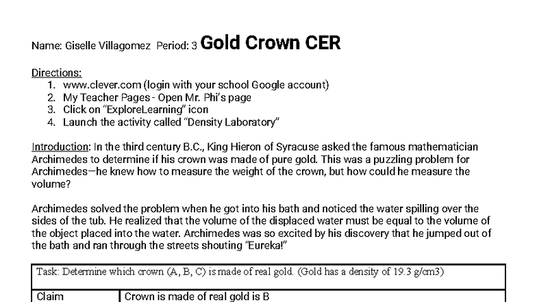 GOLD 3: Gizmos Density Crown Analysis and Archimedes' Principle - Studocu