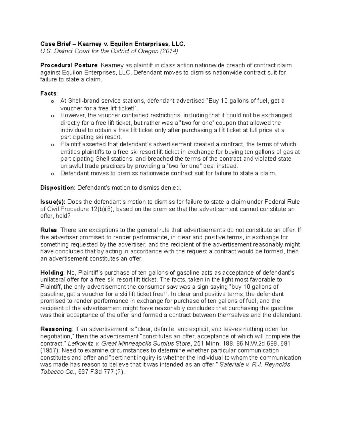 Case Brief for 8:31 - Kearney v. Equilon Enterprises, LCC (2014 ...